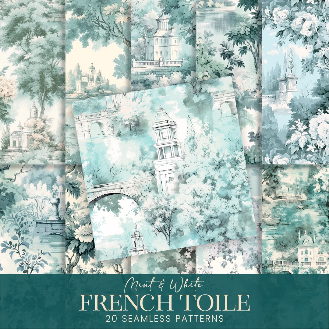 Mint French Toile Seamless Patterns, Light Blue French Country ...