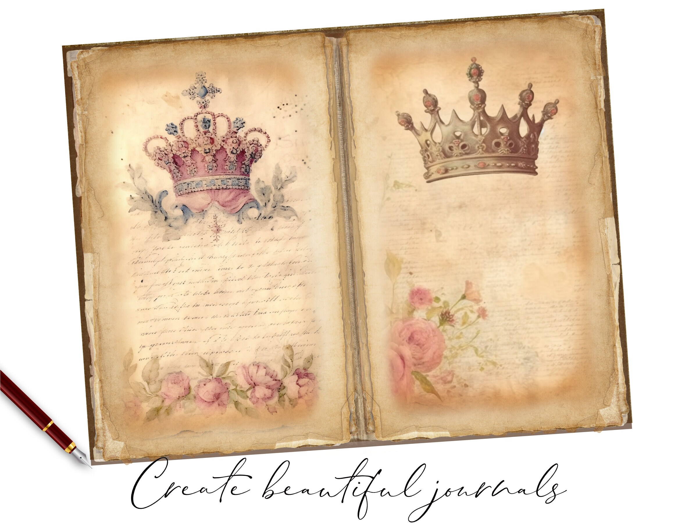 Vintage Princess Crowns Junk Journal Pages, Antique Jewels Pink ...