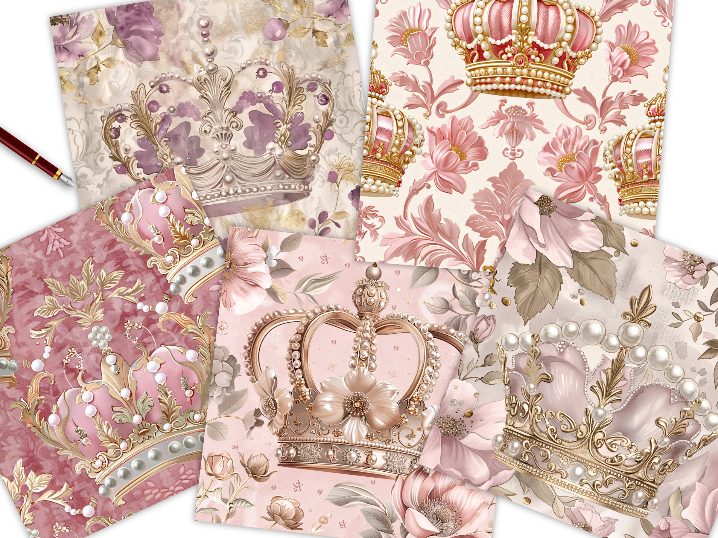 Princess Crowns Damask Seamless Patterns, Pearls Gold Scrapbook Paper ...