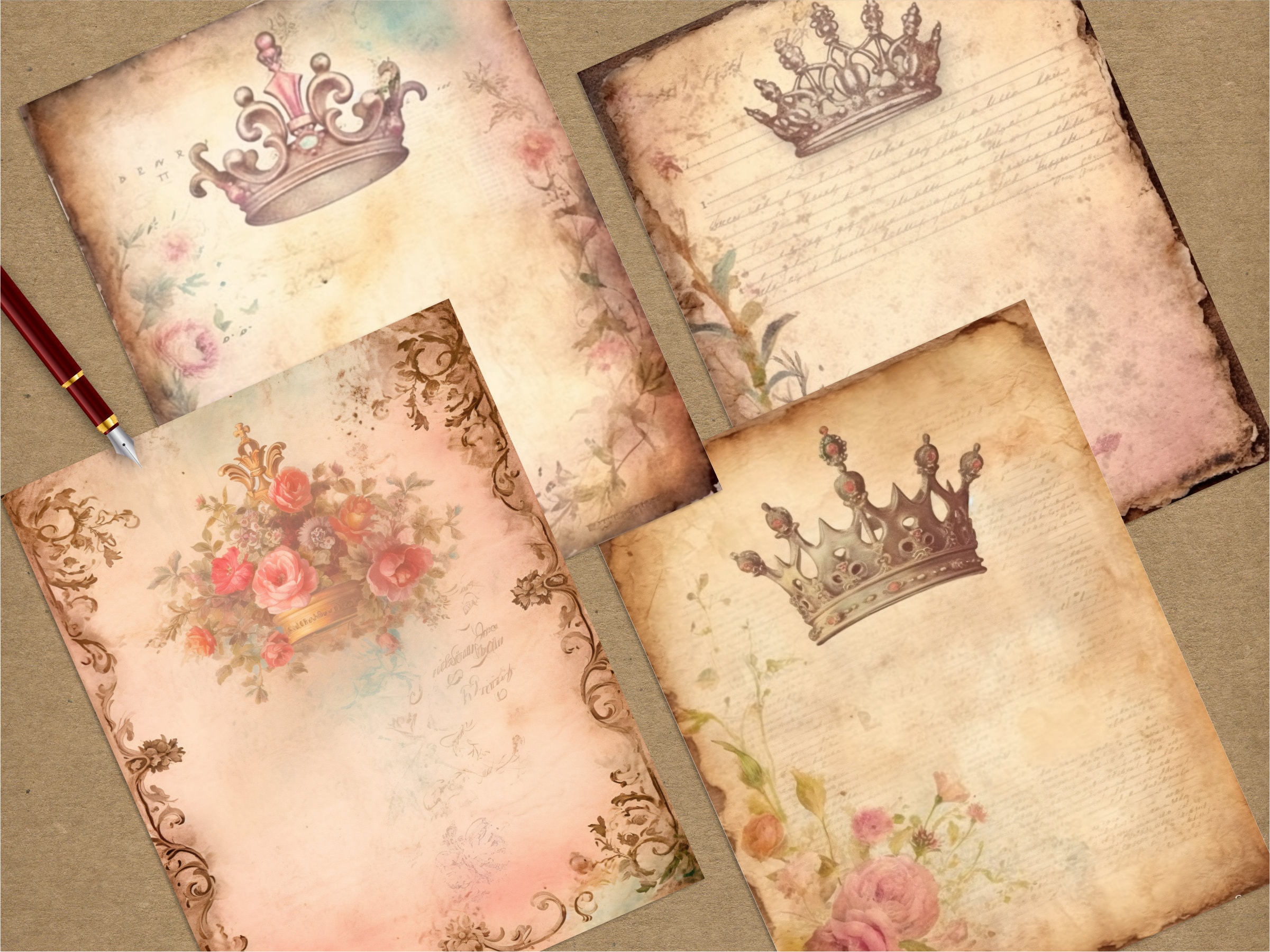 Vintage Princess Crowns Junk Journal Pages, Antique Jewels Pink ...