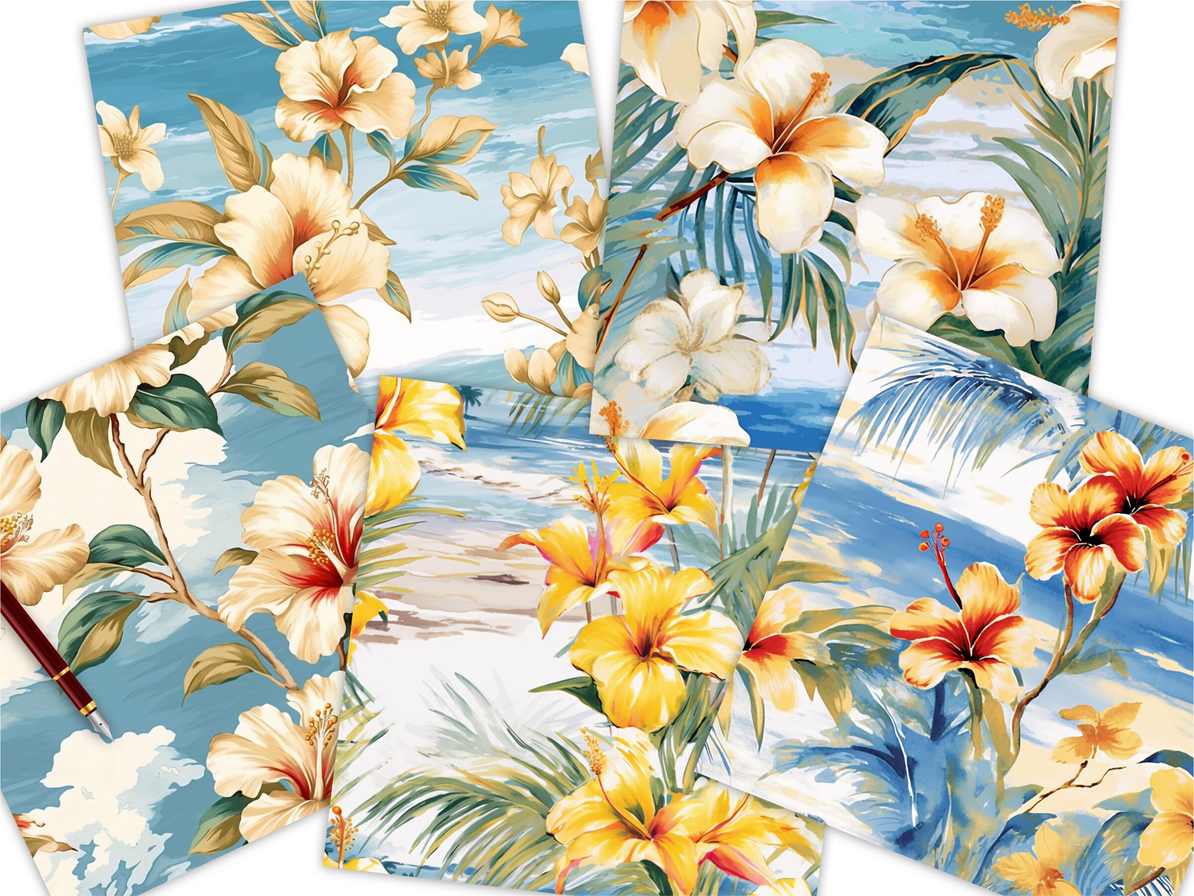 Beach Blossoms Seamless Patterns Tropical Ocean Florals - Etsy