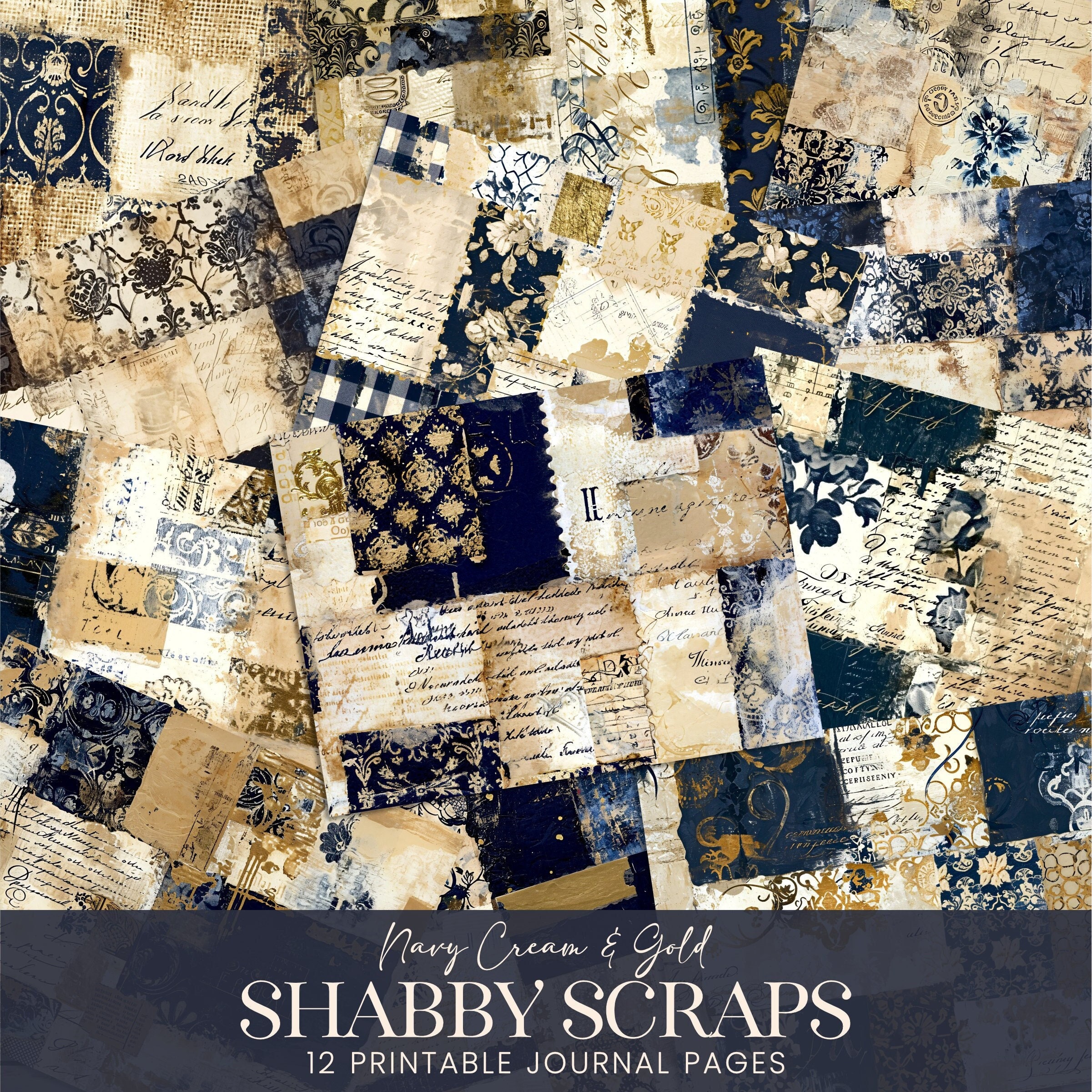Navy Blue Junk Journal Scraps, Cream Gold Shabby Digital Papers, Grunge ...
