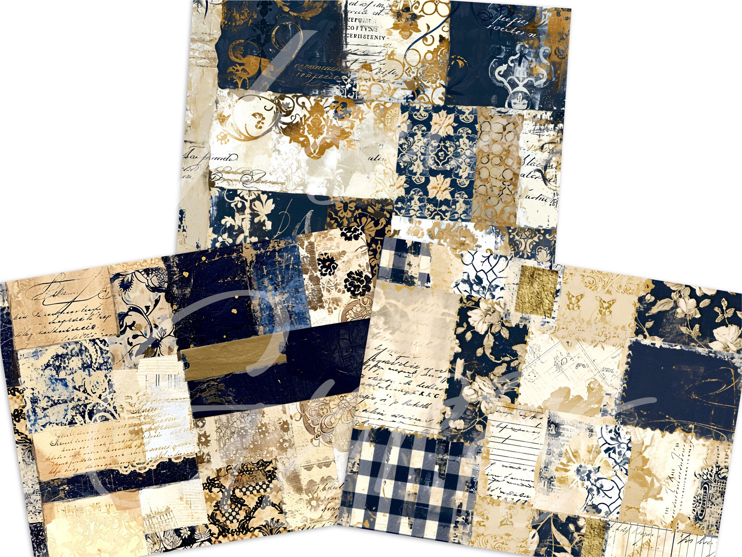 Navy Blue Junk Journal Scraps, Cream Gold Shabby Digital Papers, Grunge ...