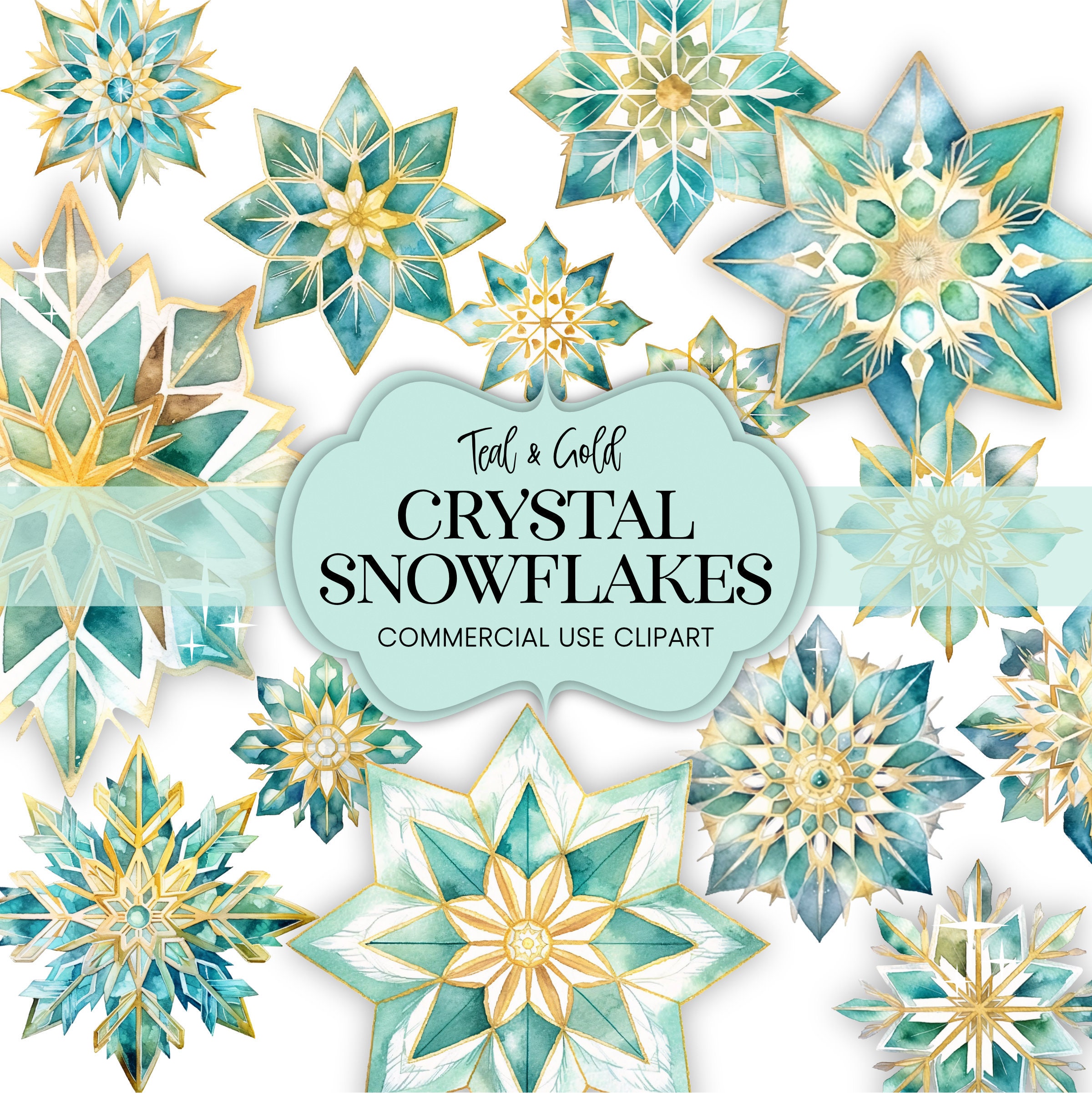 Watercolor Snowflakes Clipart, Teal Gold Winter Crystal Snow ...