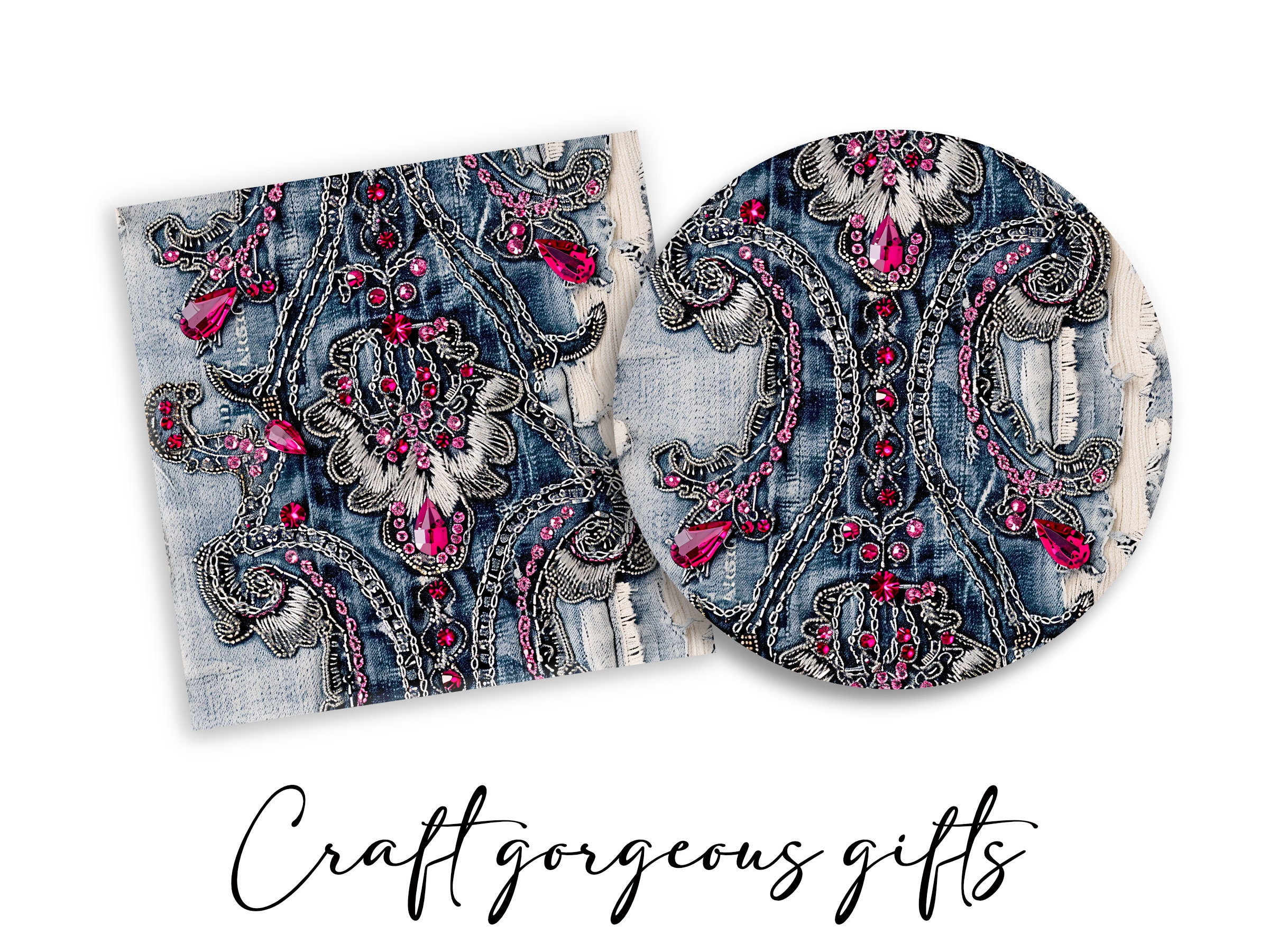 Rhinestone Cowgirl Denim Seamless Patterns, Pink Embroidered Western Scrollwork Jeans Scrapbook ...