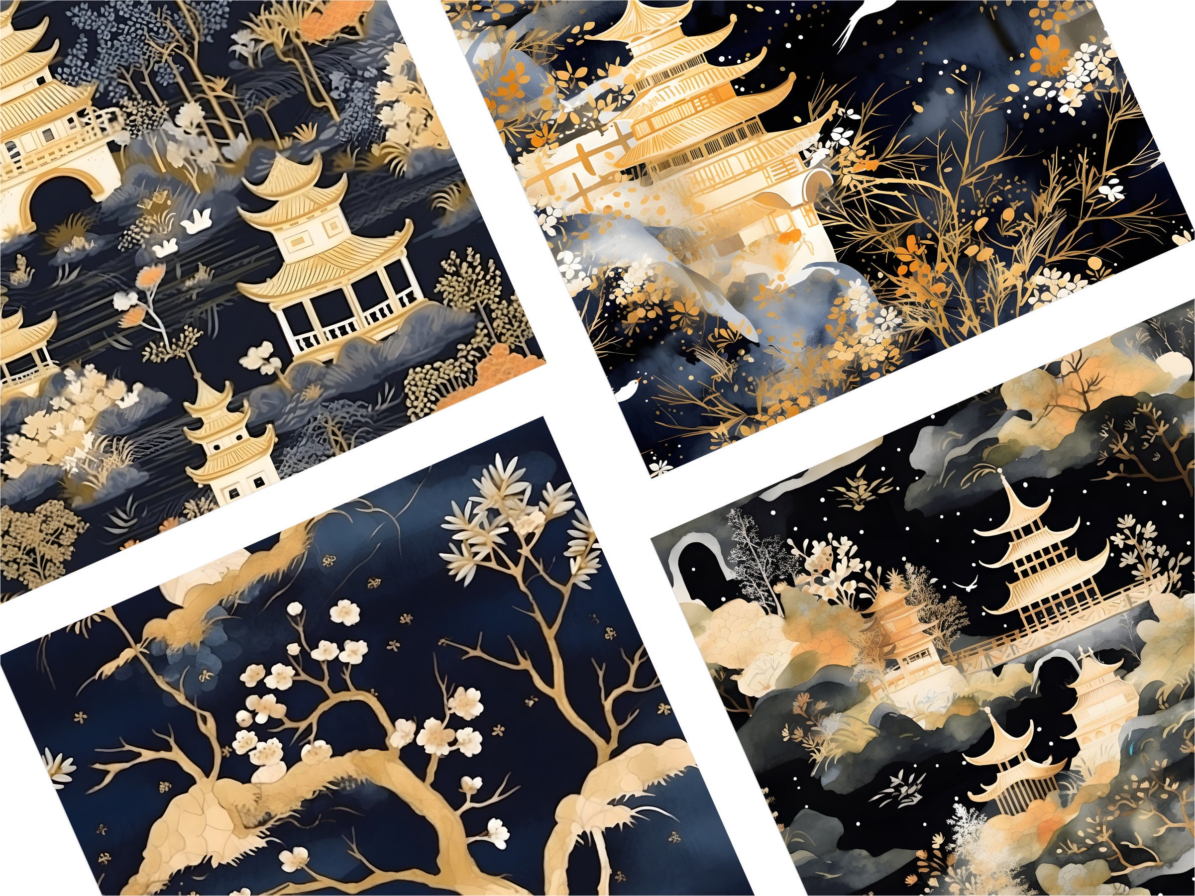 Dark Chinoiserie Digital Papers, Asian Art Scenes Seamless Patterns ...