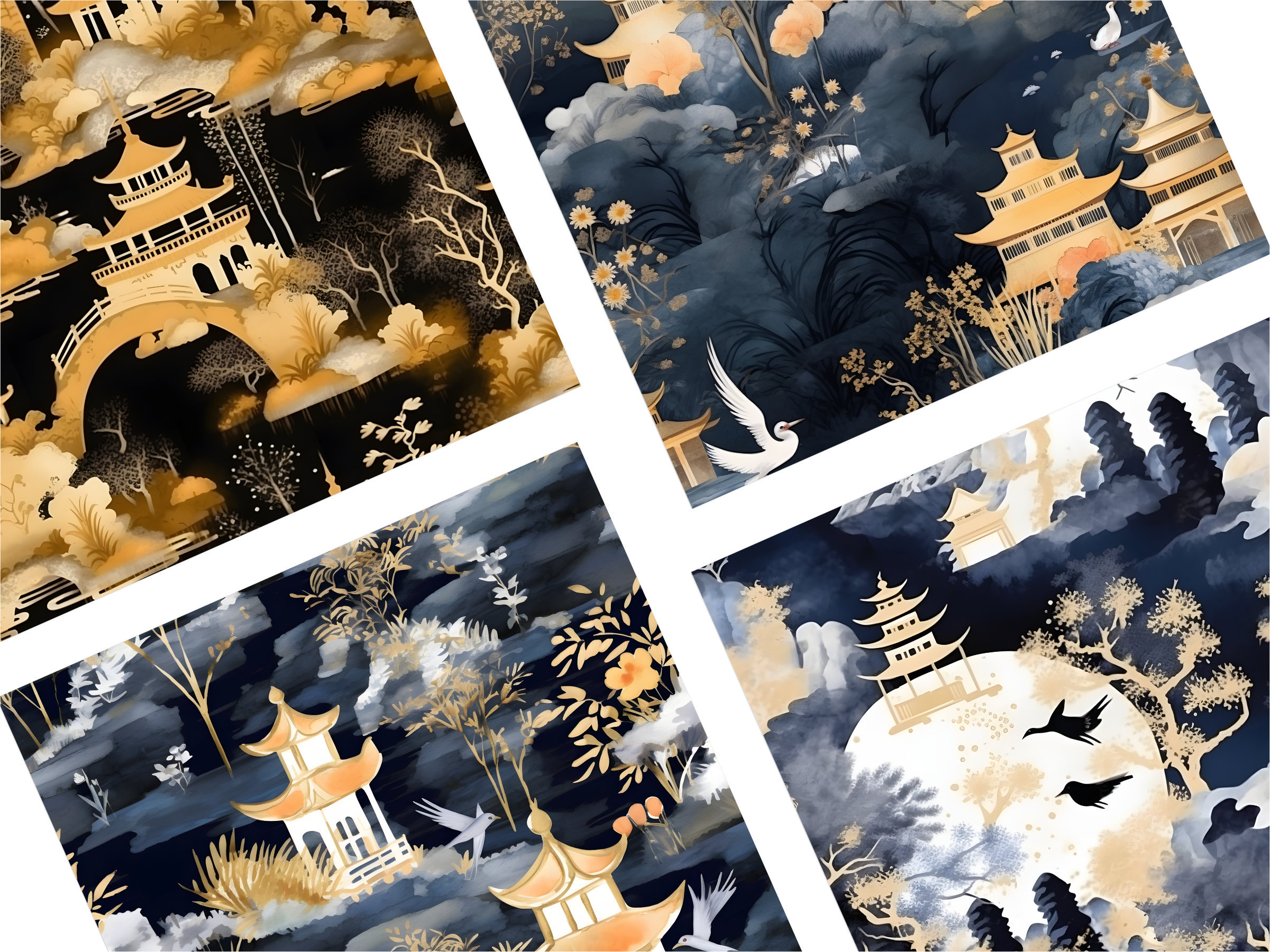 Dark Chinoiserie Digital Papers, Asian Art Scenes Seamless Patterns ...