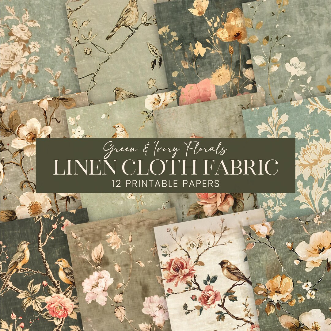 Green Floral Fabric Scrapbook Papers, Ivory Chinoiserie Blossoms Linen ...
