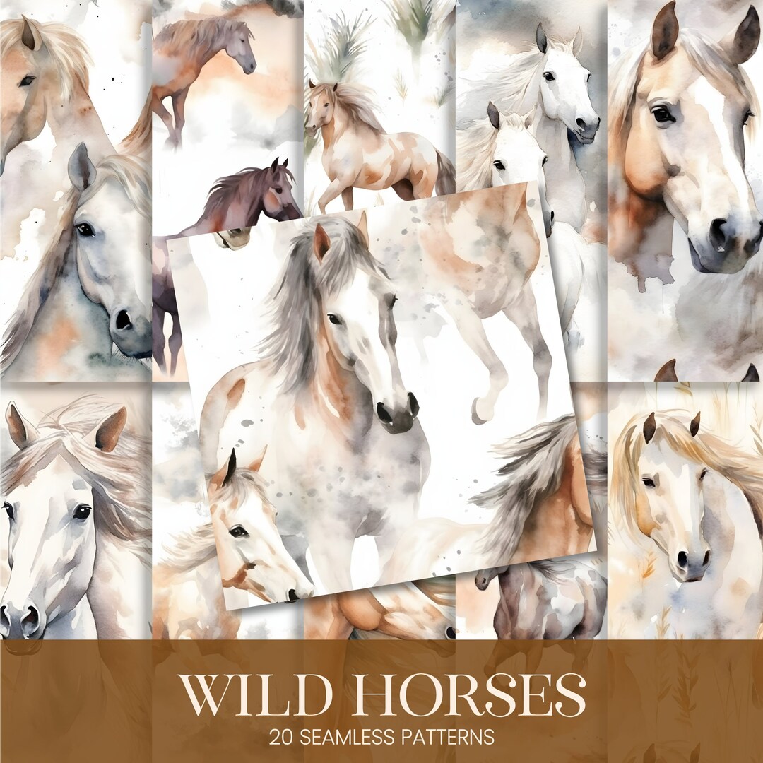 Watercolor Wild Horses Digital Papers, Country Western Seamless ...