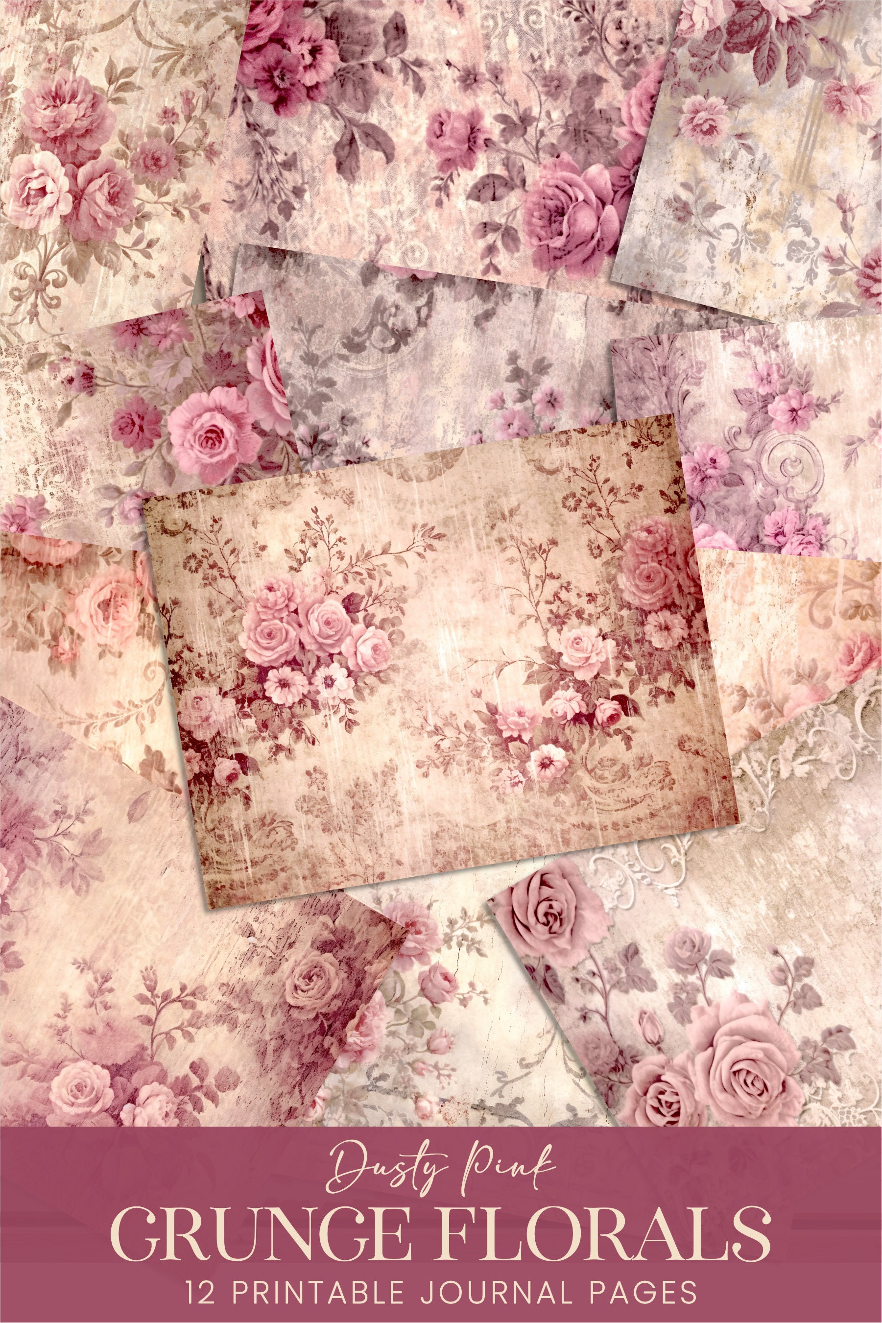 Dusty Pink Floral Junk Journal Pages, Mauve Grunge Flowers Lace Digital ...