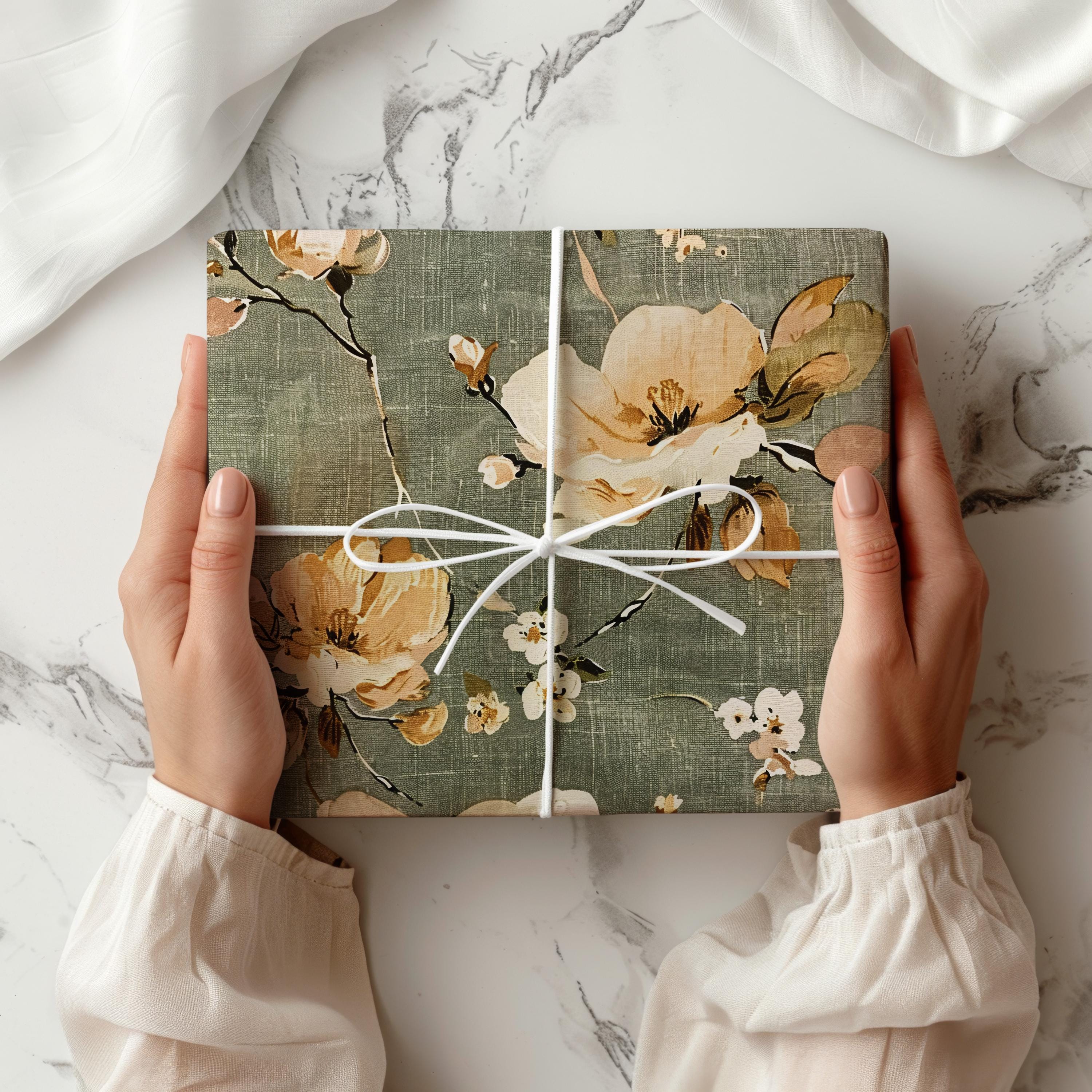 Green Floral Fabric Scrapbook Papers, Ivory Chinoiserie Blossoms Linen ...