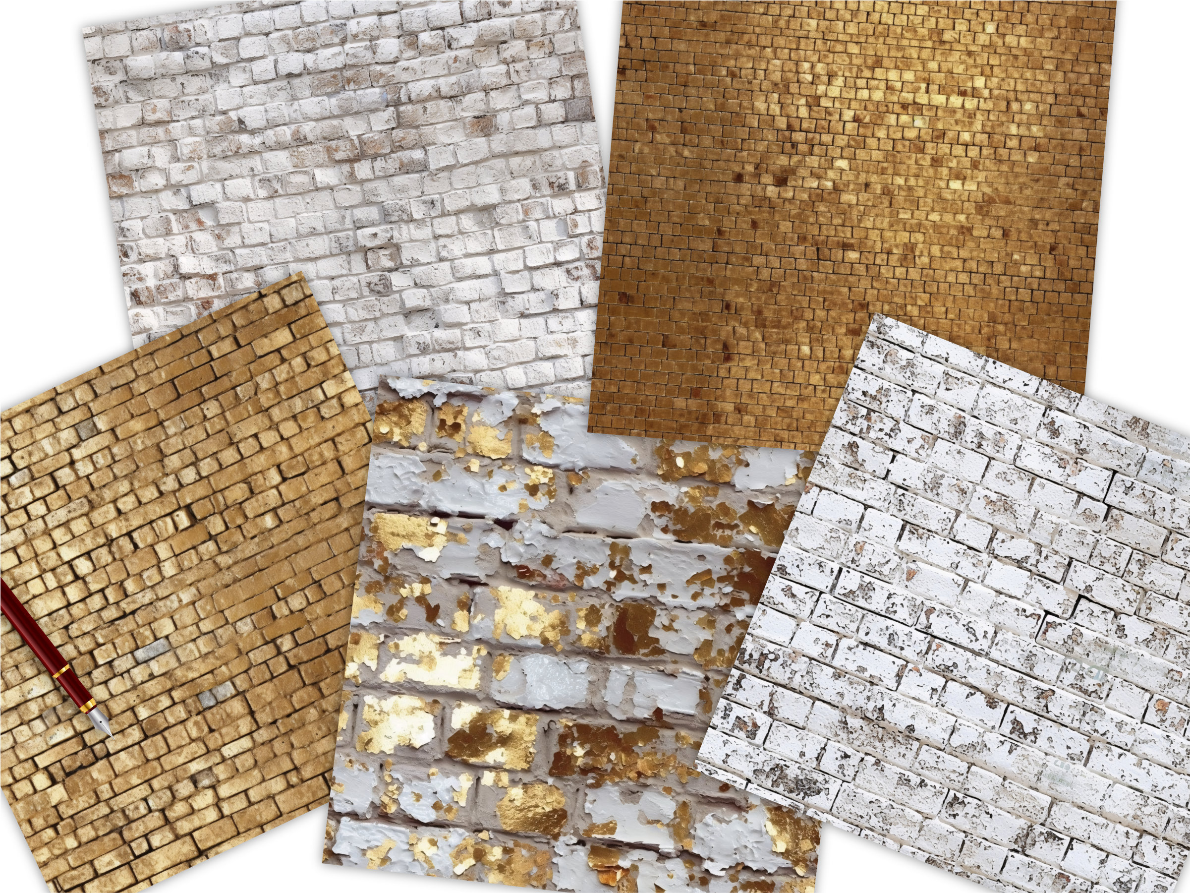White and Gold Brick Seamless Patterns, Grunge Metallic Digital Papers ...
