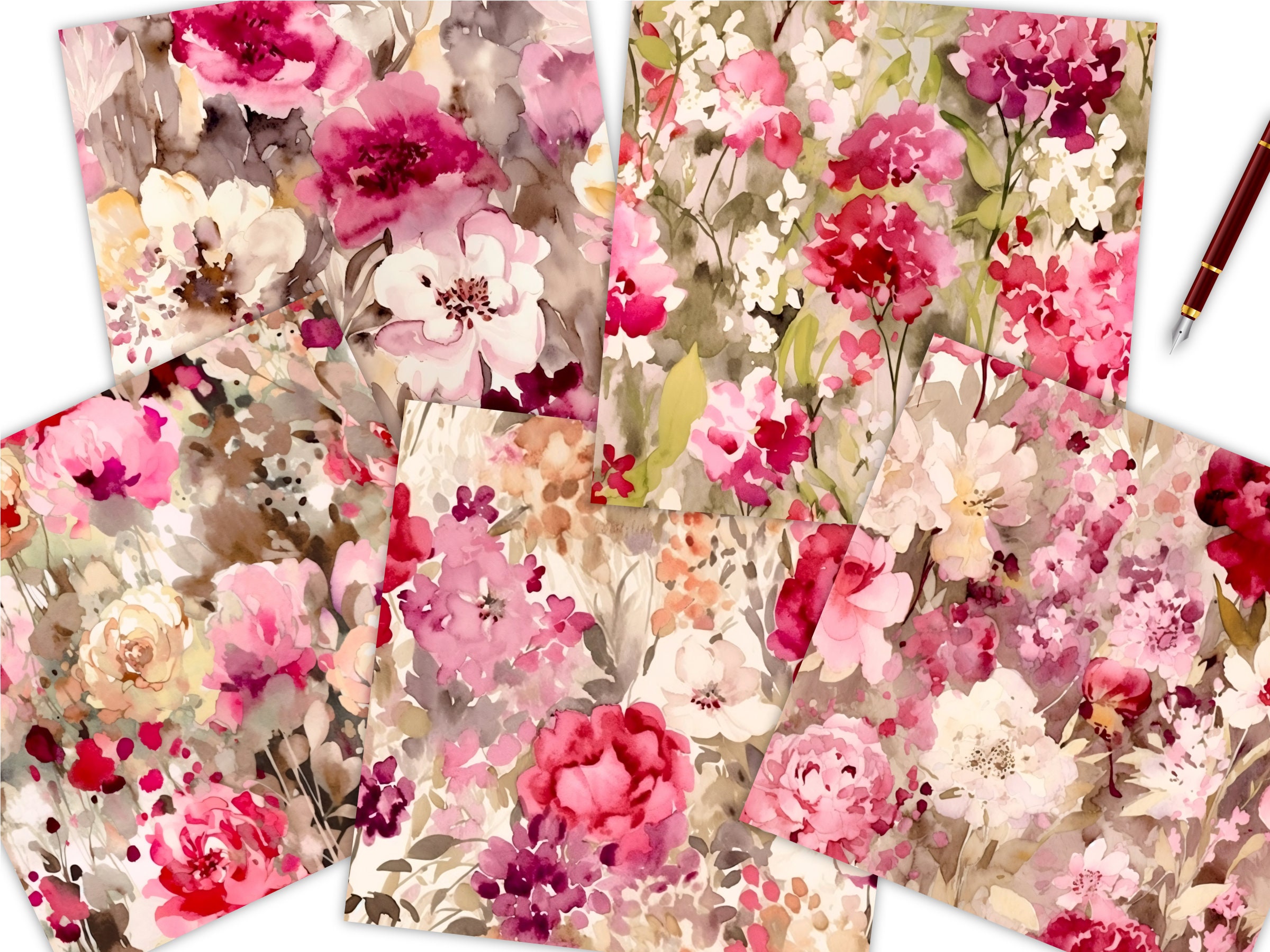 French Garden Flowers Seamless Patterns, Berry Red Pink Modern ...