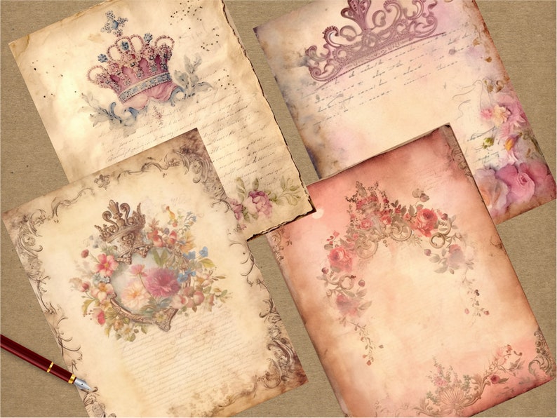Vintage Princess Crowns Junk Journal Pages, Antique Jewels Pink ...