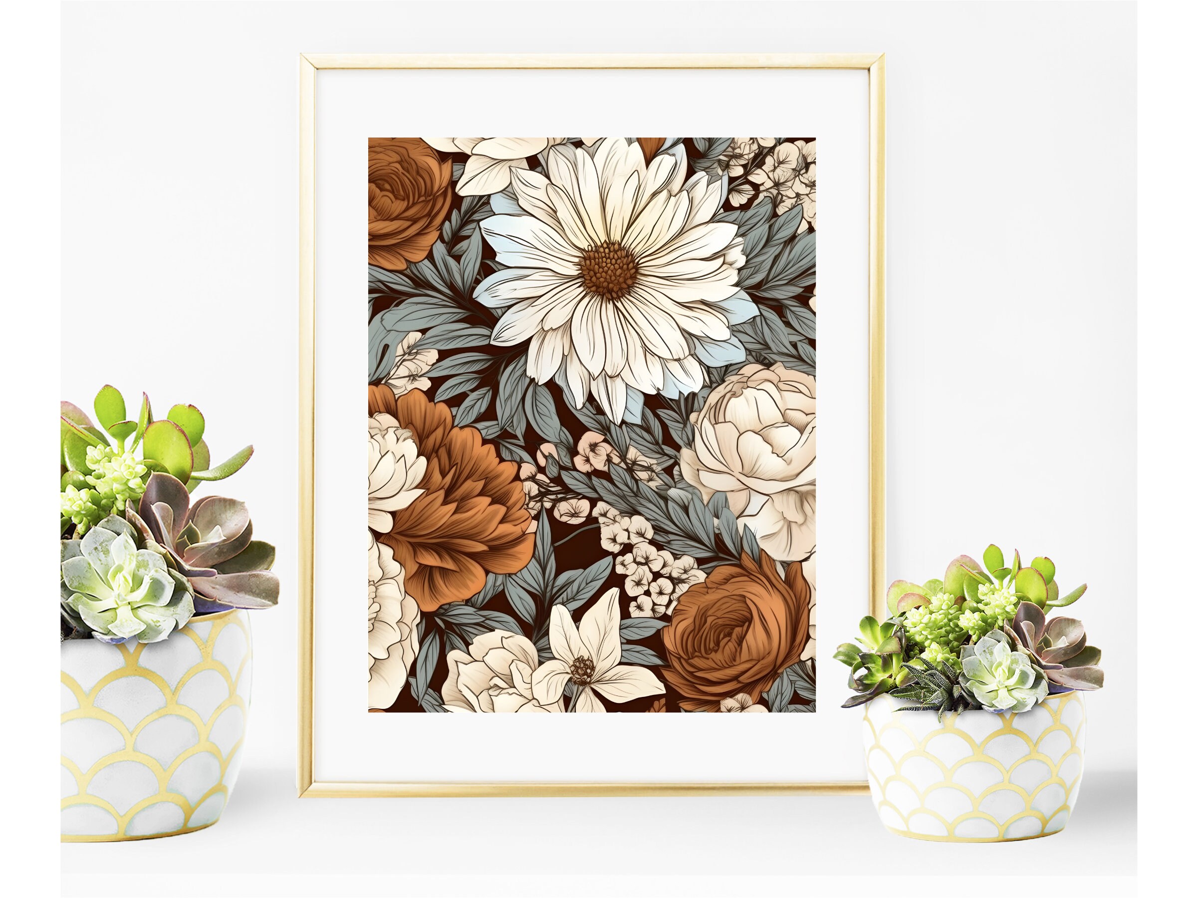 Vintage Brown Floral Digital Papers Retro Illustrated Boho - Etsy