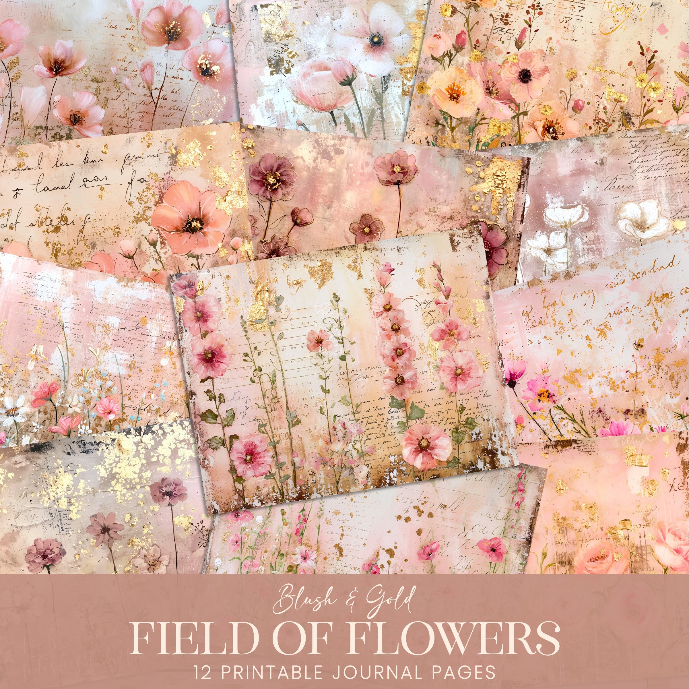 Field of Flowers Junk Journal Pages, Blush Pink Floral Grunge Digital ...