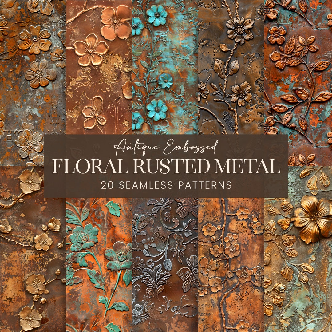 Rusted Metal Florals Seamless Patterns, Luxury Embossed Tin Printable ...