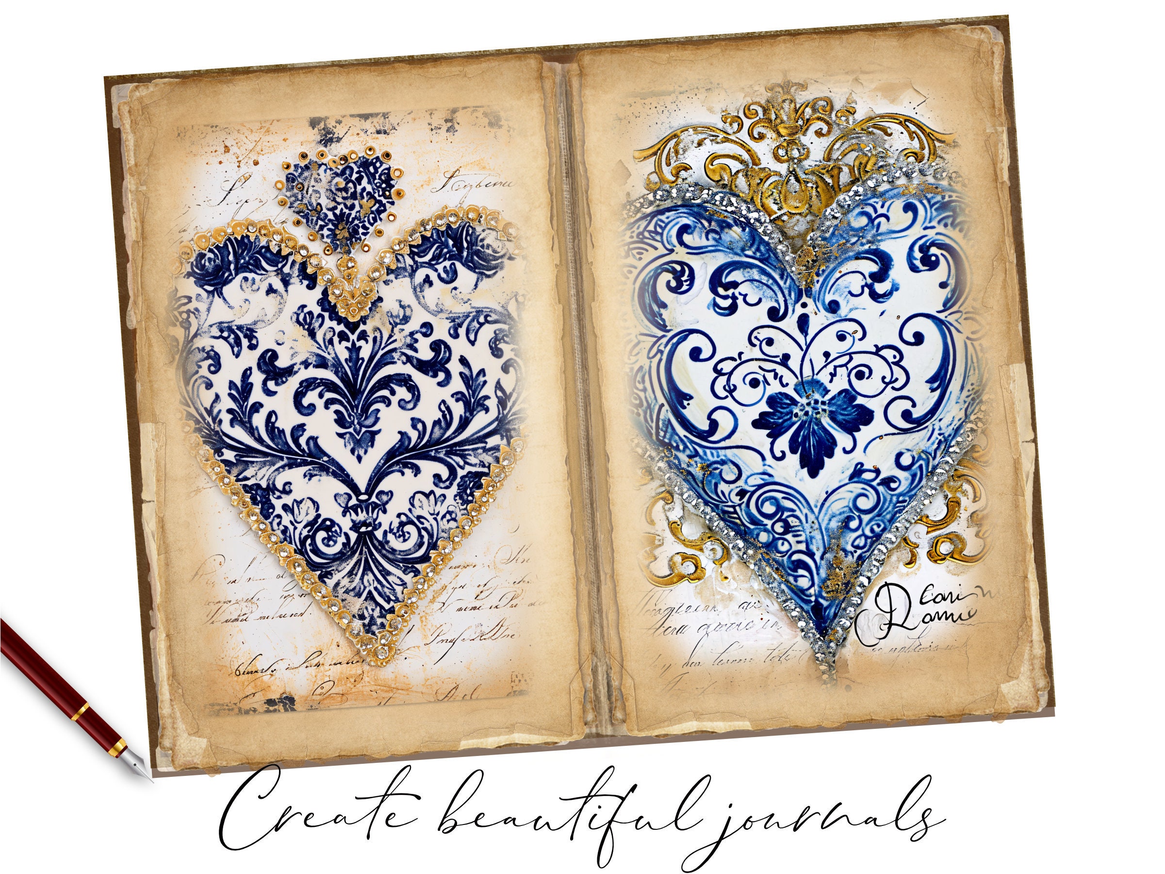 Antique Hearts Junk Journal Pages, Vintage Valentine's Day Digital ...