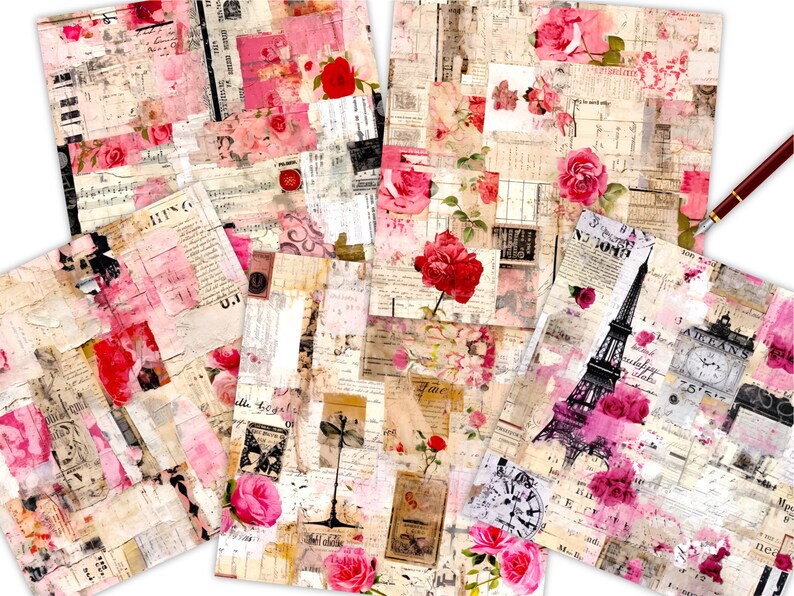 Pink Paris Collage Seamless Patterns, Distressed French Junk Journal ...