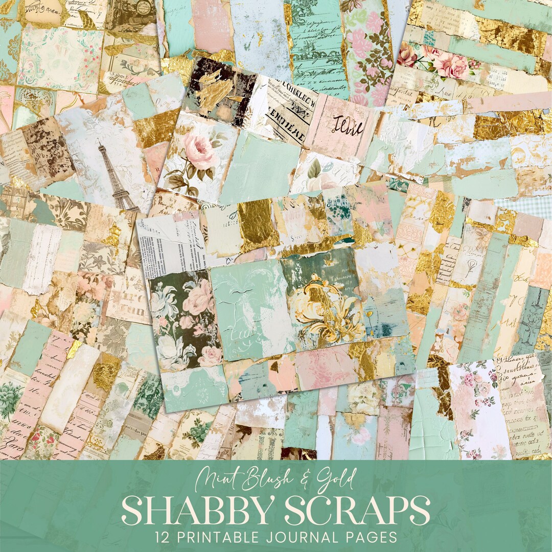 Mint Pink Junk Journal Scraps, Gold Leaf Shabby Digital Papers, Grunge ...