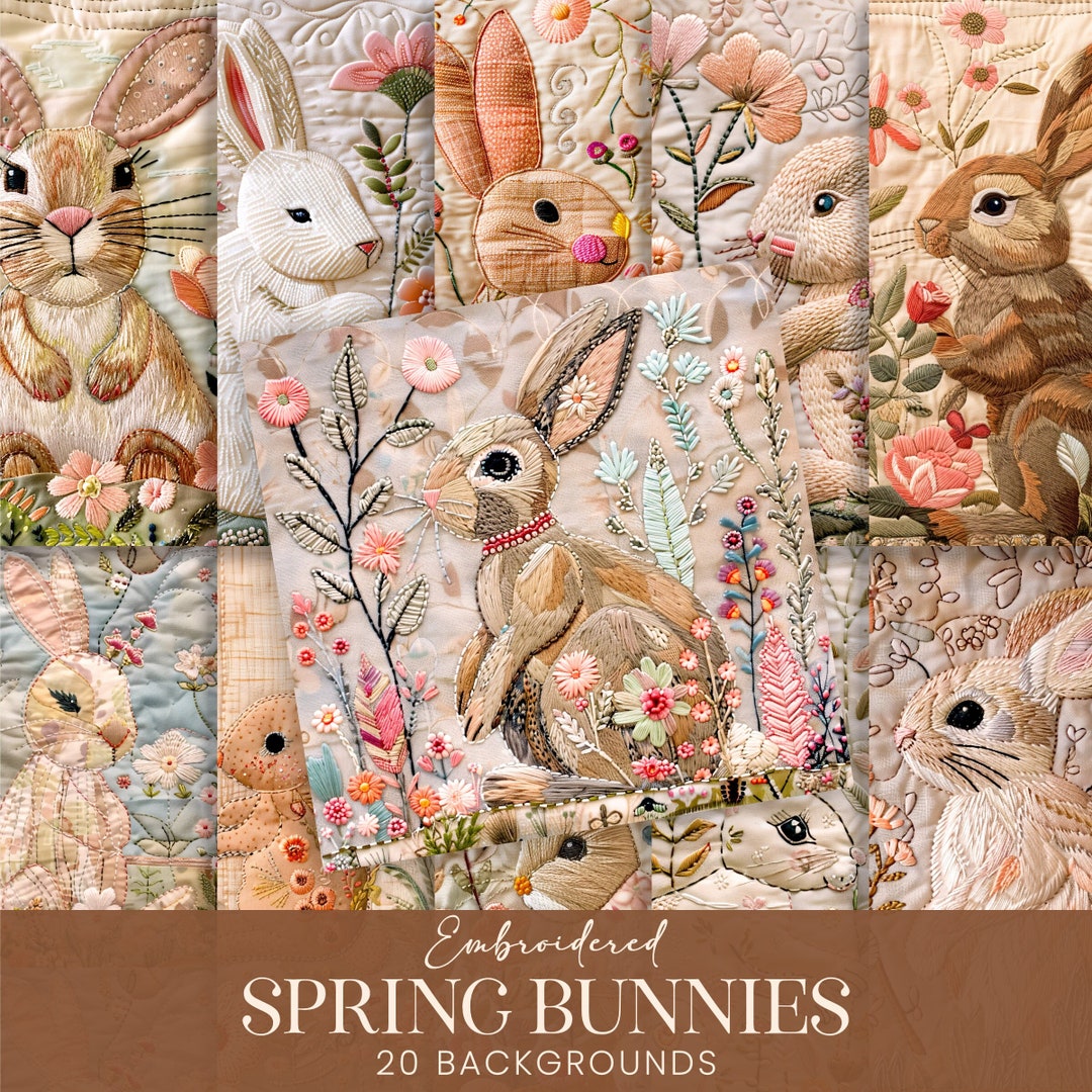Spring Bunnies Printable Backgrounds, Cute Embroidered Floral Fabric ...