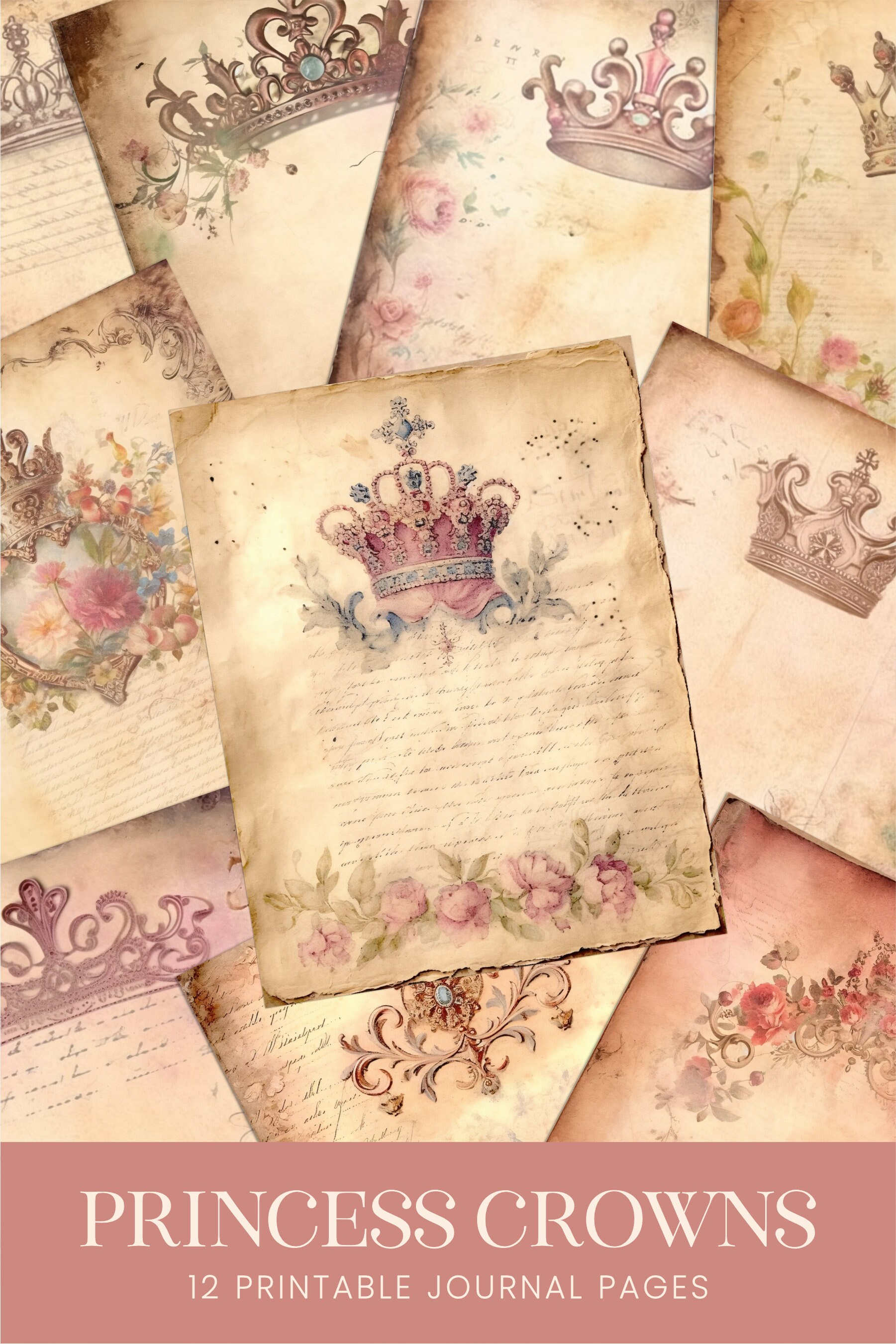 Vintage Princess Crowns Junk Journal Pages, Antique Jewels Pink ...