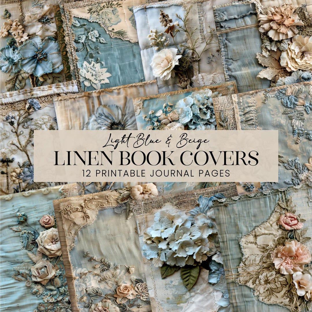 Powder Blue Floral Linen Journal Book Covers, Printable Dyed Muslin ...