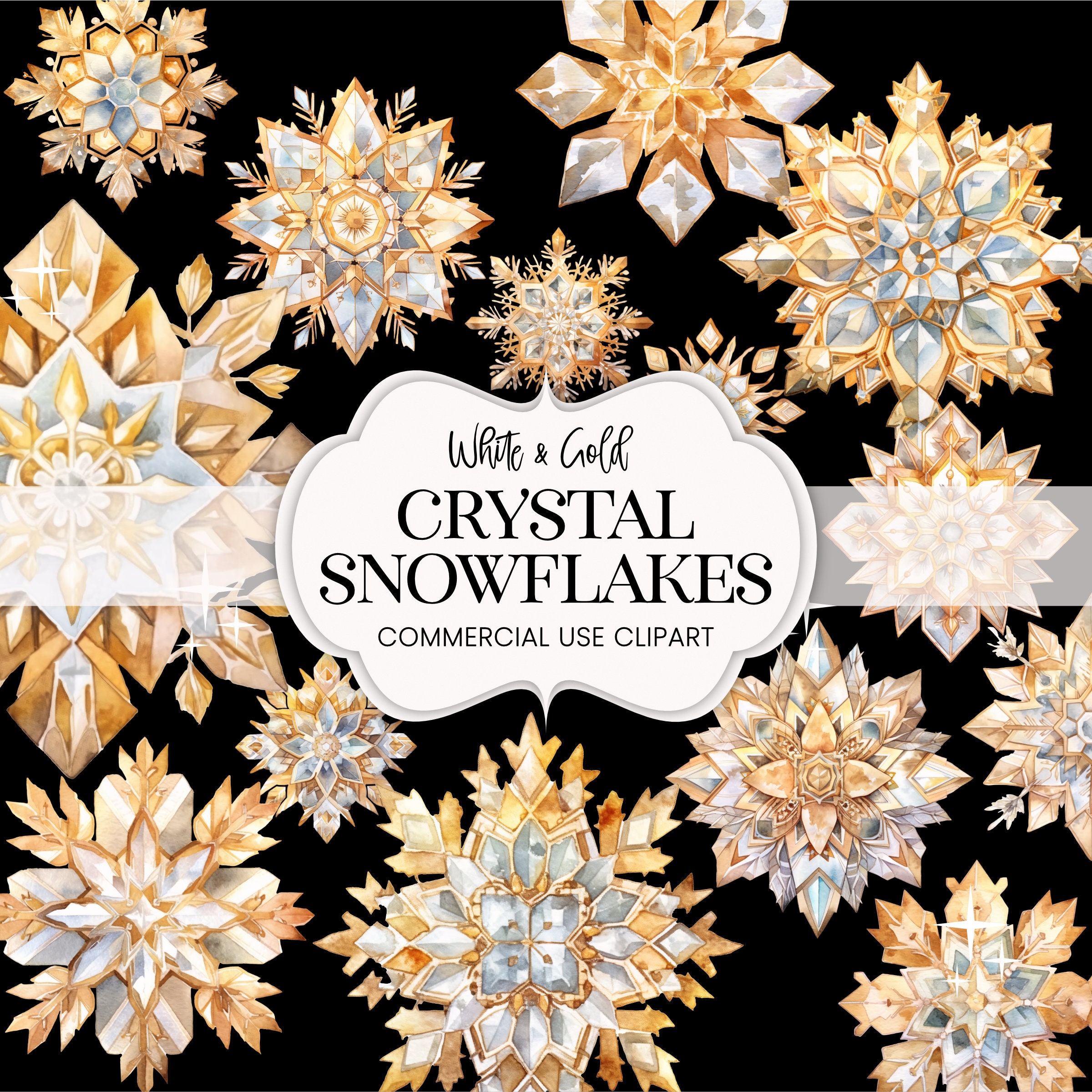 Watercolor Snowflakes Clipart, White Gold Crystal Snow PNG, Christmas ...