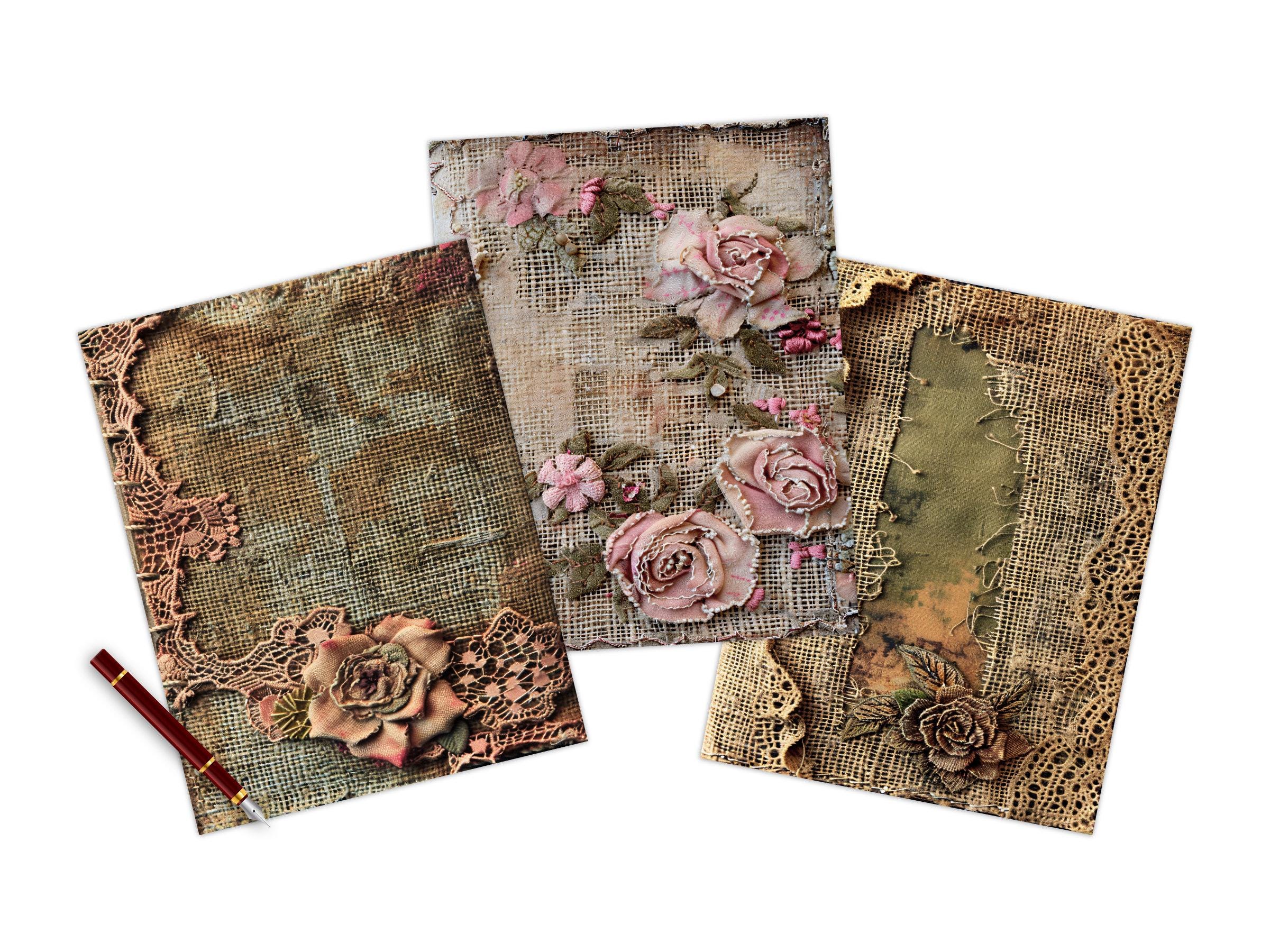 Grunge Burlap Floral Book Covers, Stitched Rough Linen Fabric Junk ...