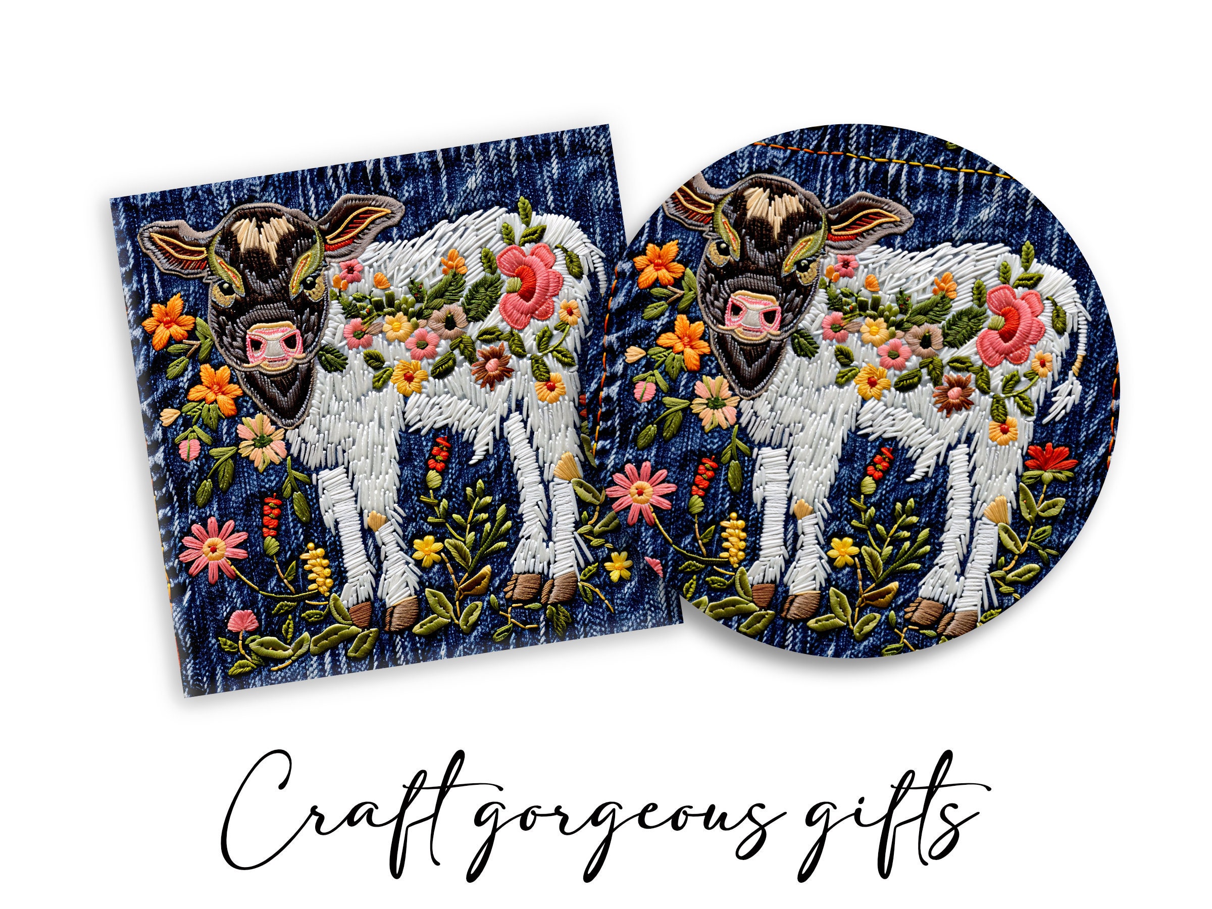 Embroidered Cows Denim Seamless Patterns, Cute Western Highland Cow on ...