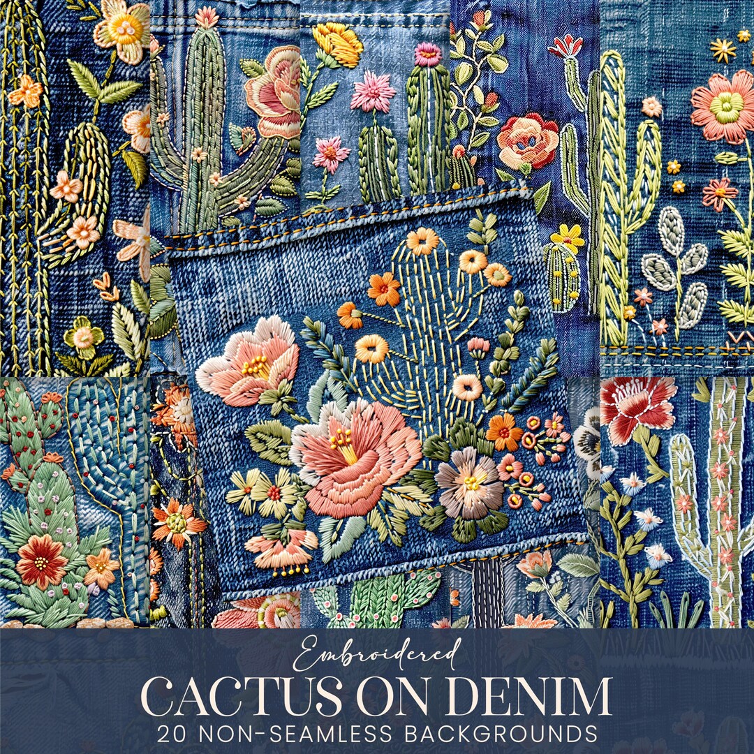 Cactus Blossoms on Denim Backgrounds, Embroidered Desert Flowers on ...