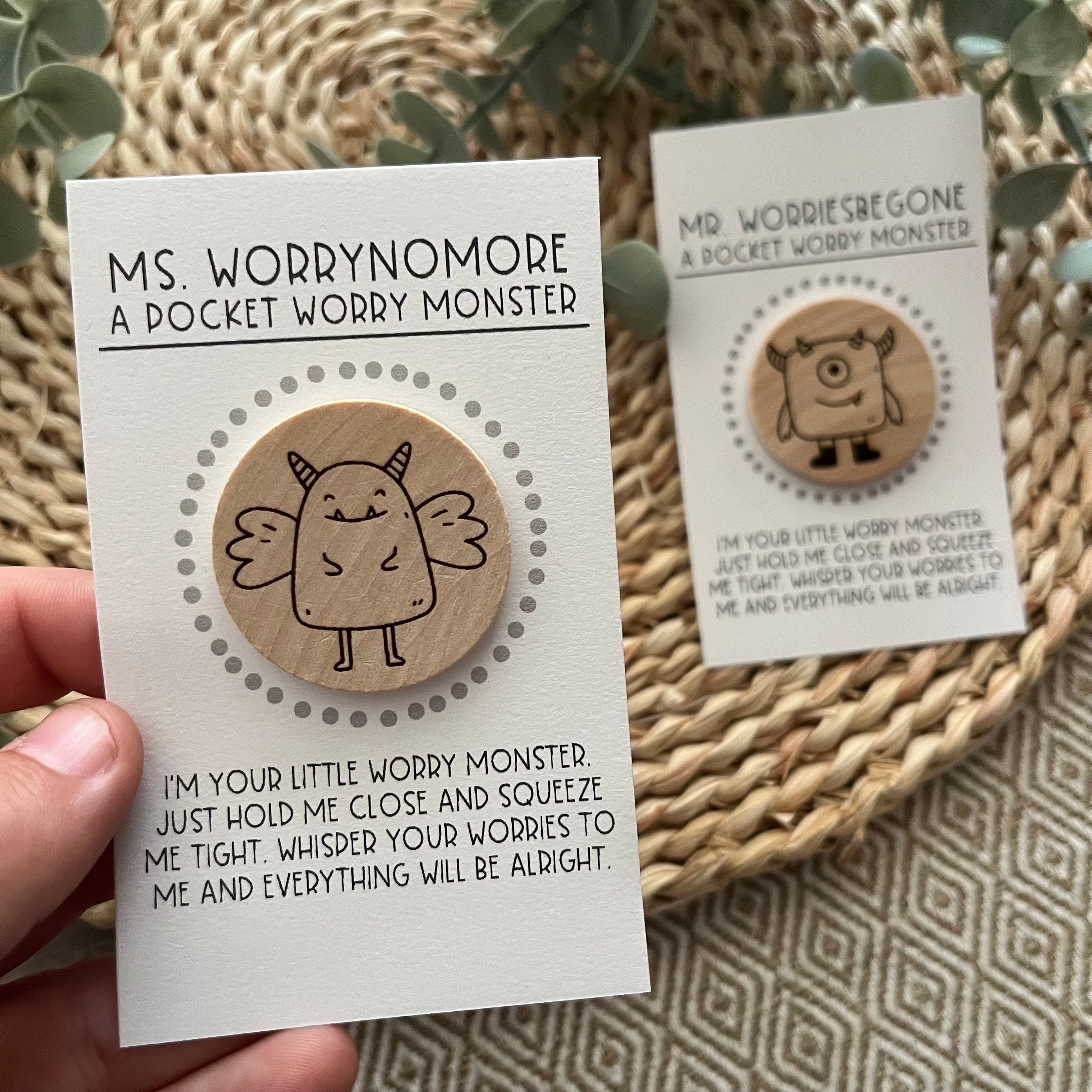 Worry Monster - Pocket Hug - Wood Engraved Token - Mr. Worriesbegone ...