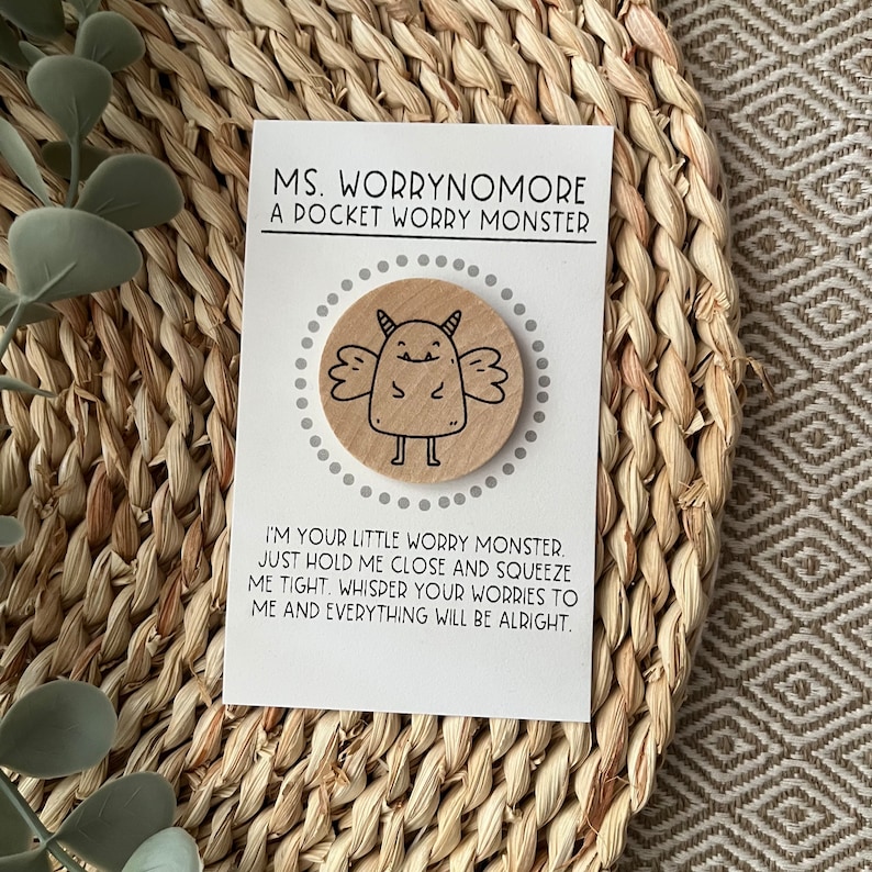 Worry Monster Pocket Hug Wood Engraved Token Mr. Worriesbegone Ms ...