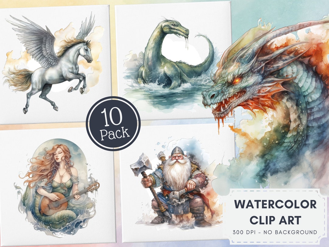 10 Watercolor Mythical Creatures Clipart Pack Magical Fantasy Designs ...