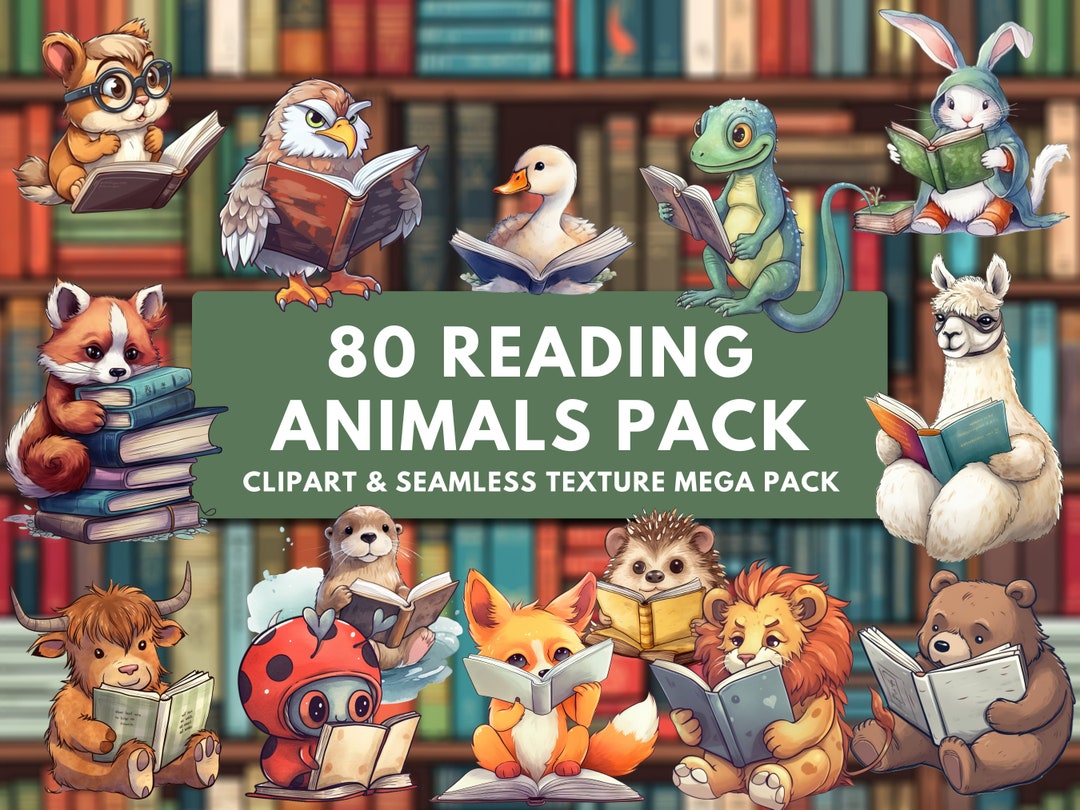 62 Cute Reading Animals Clipart and 18 Seamless Backgrounds, Watercolor ...