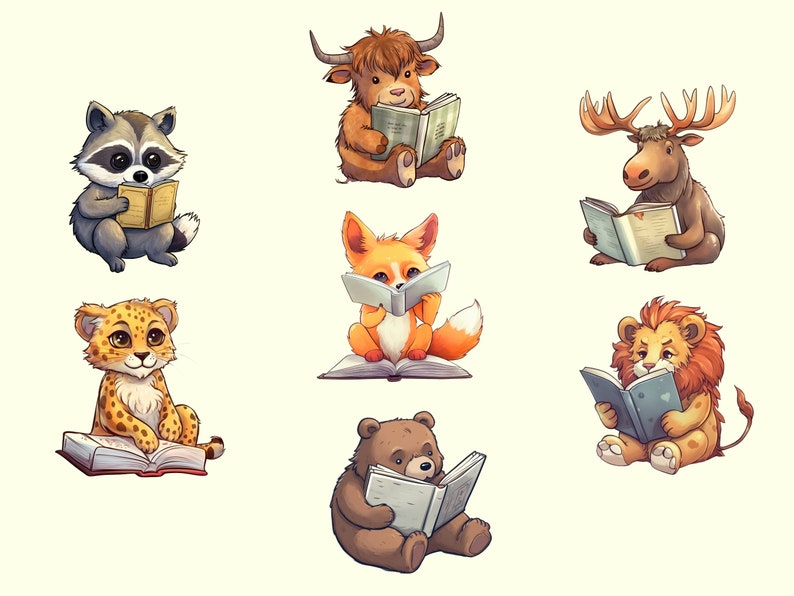 62 Cute Reading Animals Clipart and 18 Seamless Backgrounds - Etsy