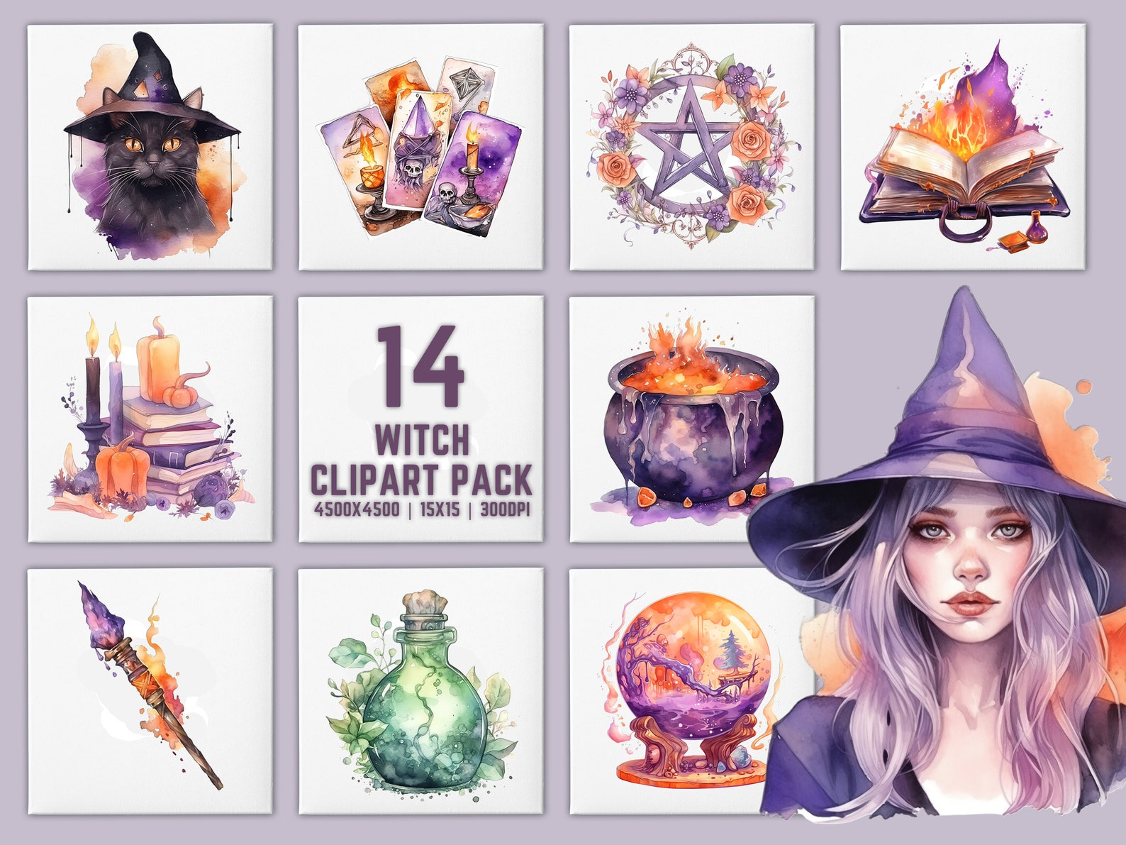 Witch Watercolor Clipart 14 Pack Mystical Gothic Witch Clip Art Pack ...
