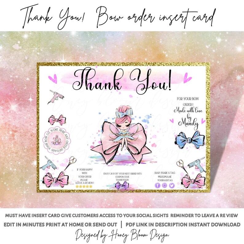 Handmade Bows Thank You Card Pink Hair Cutie on Bow Card - Etsy