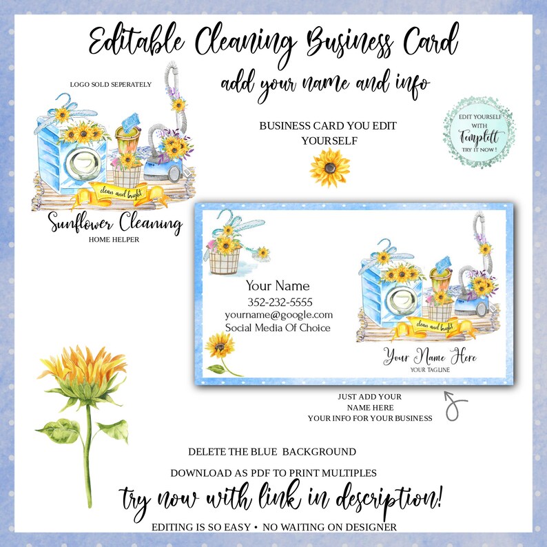 Sunflower Cleaning Business Card Washing Machine Card blue - Etsy