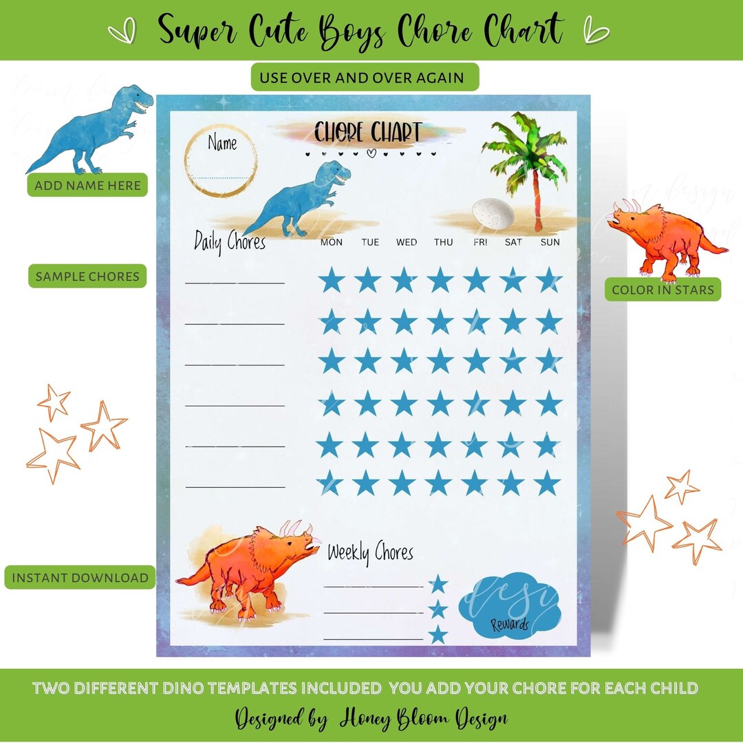 Cute Dinosaur Chore Chart, Instant Download Boys Chore Chart, Fill in ...