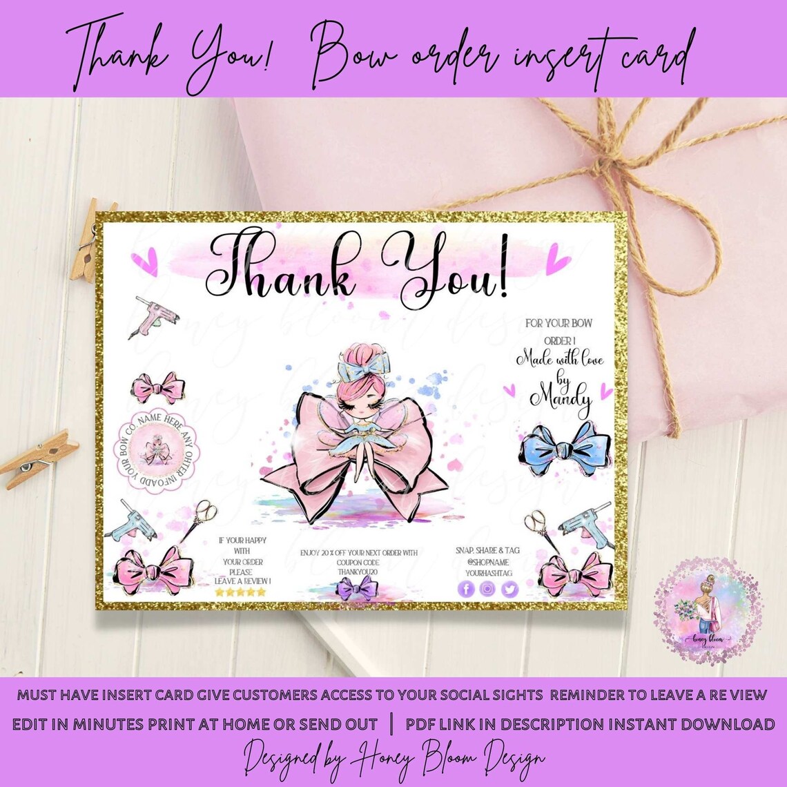 Handmade Bows Thank You Card | Pink Hair Cutie on Bow Card | Bows Hair ...