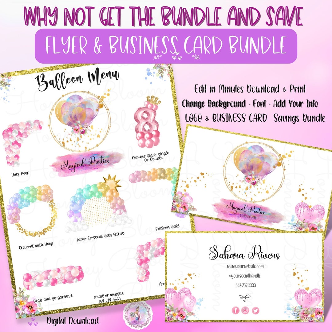 Balloon Flyer & Business Card Canva Templates, Colorful Unicorn Balloon ...