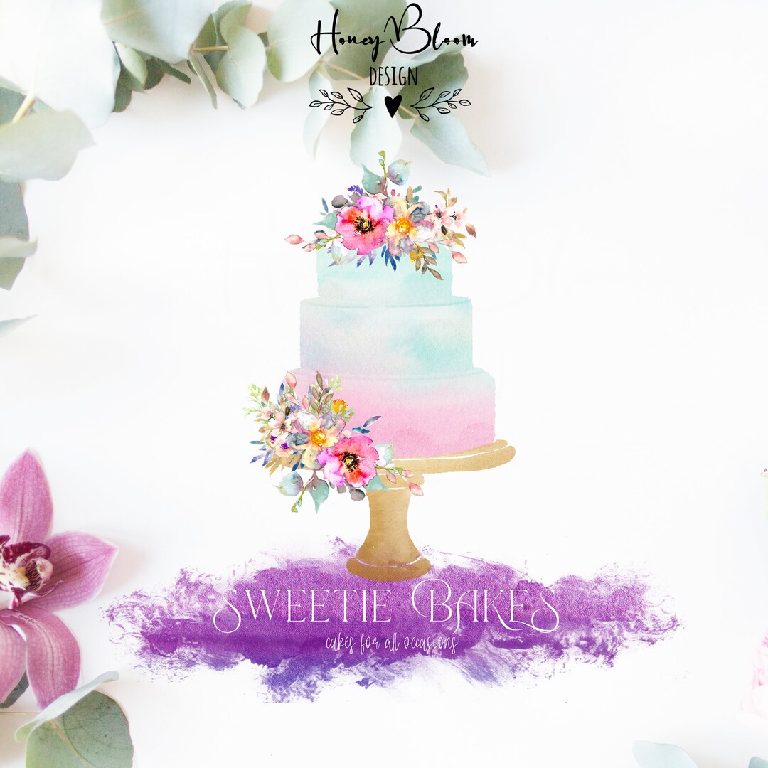 Bakery Cake Purple Watercolor Floral Premade Logo, Edit Yourself Bakery ...