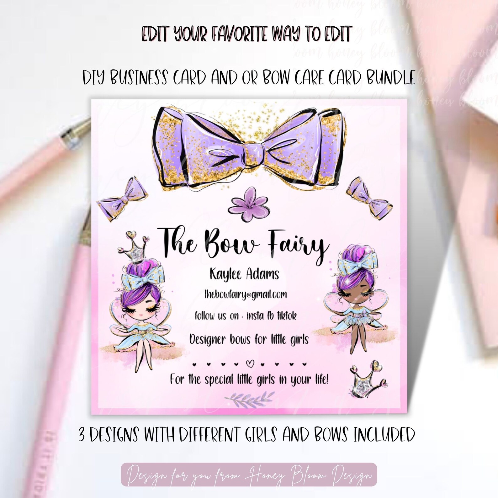 DIY Hair Bow Business Card, Bow Care Card, Bow Care Instruction Sticker ...