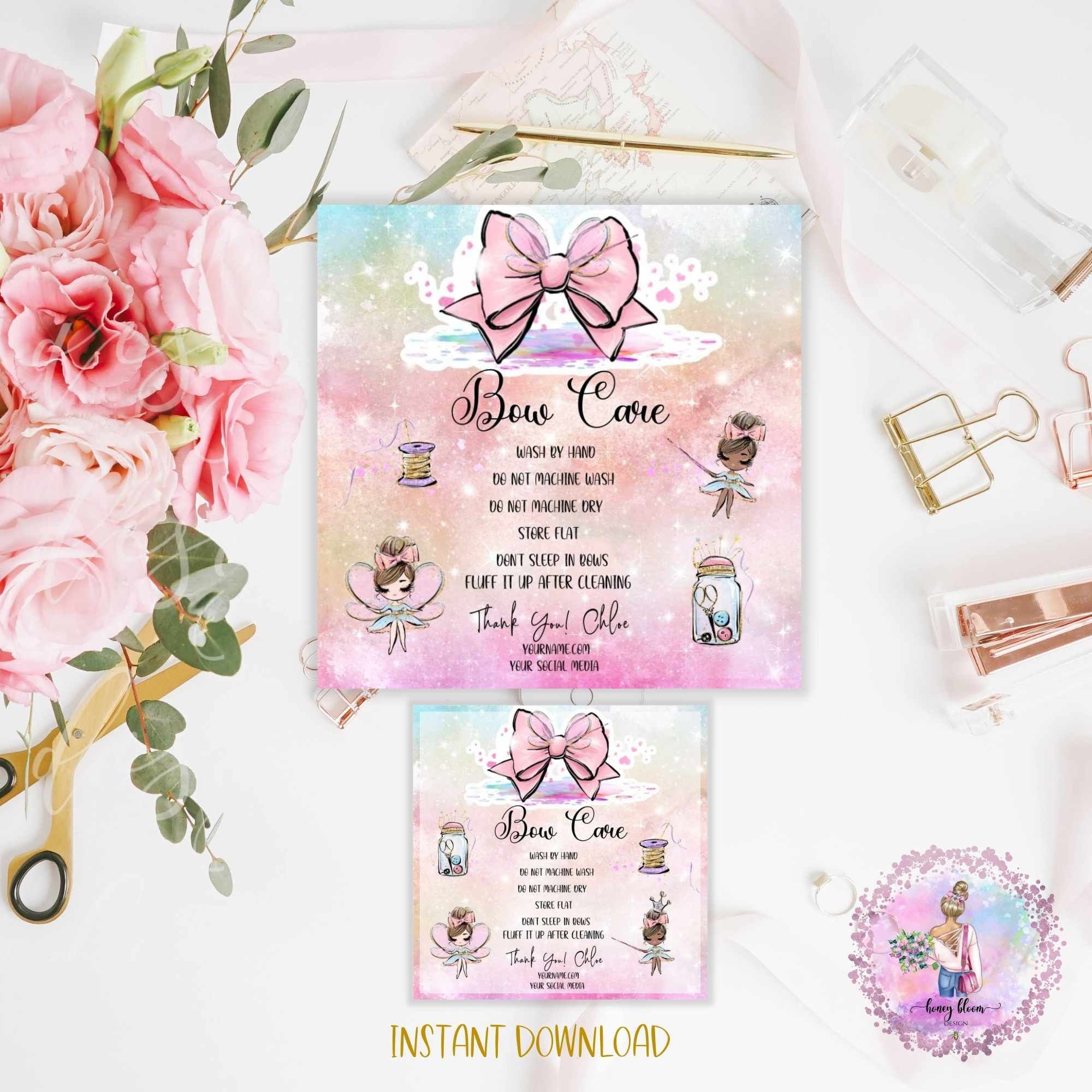 DIY Hair Bow Insert Card, Bow Care Card Template, Bow Care Instruction Sticker, Colorful Hairbow ...