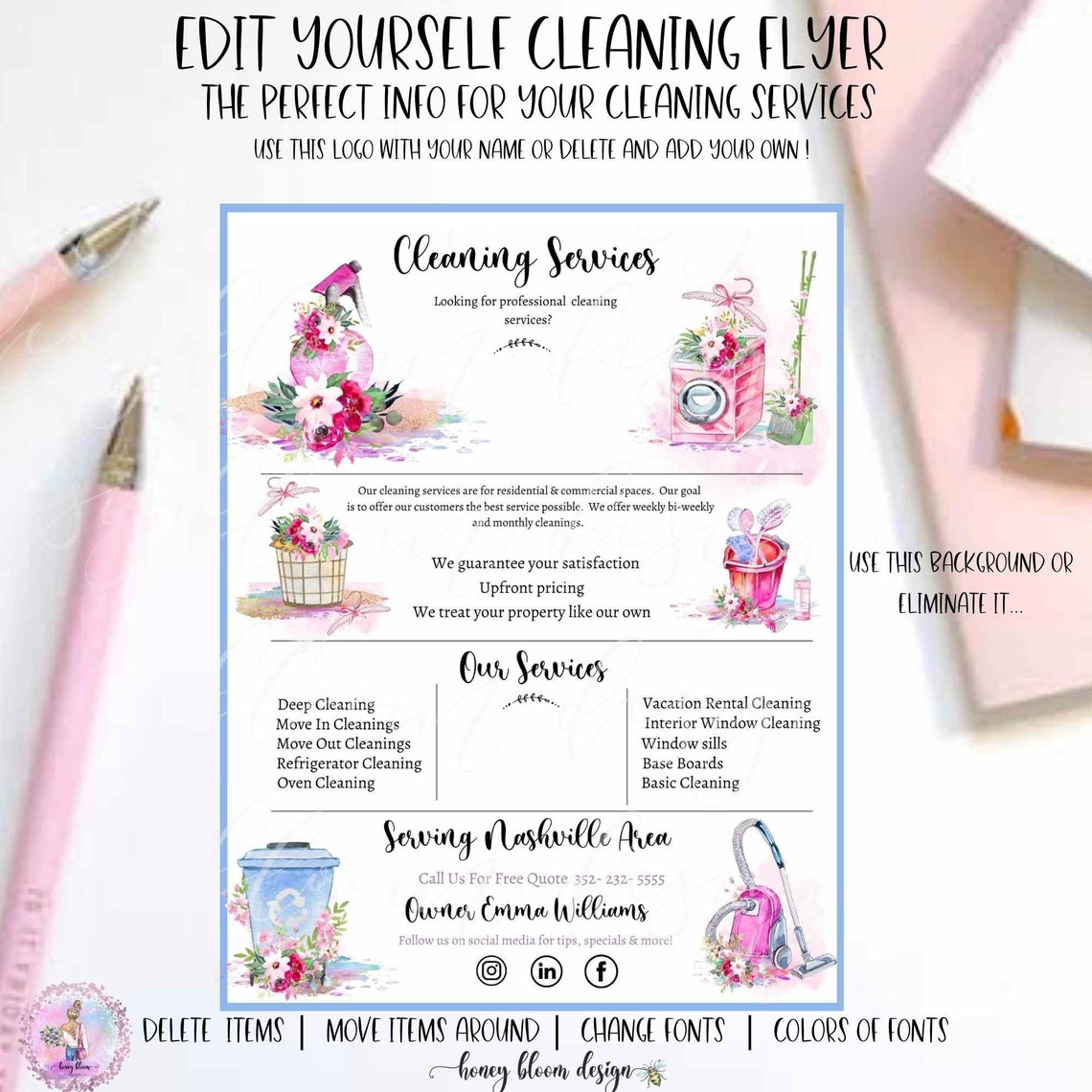 Floral Cleaning Icons Logo, Cleaning Supplies Logo, Colorful Cleaning ...