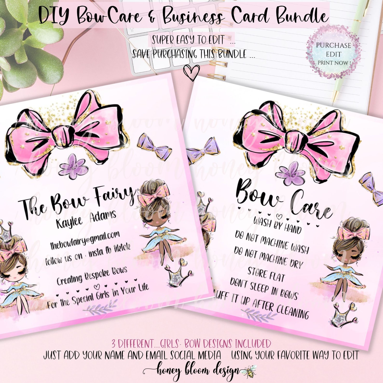 DIY Hair Bow Business Card, Bow Care Card, Bow Care Instruction Sticker ...