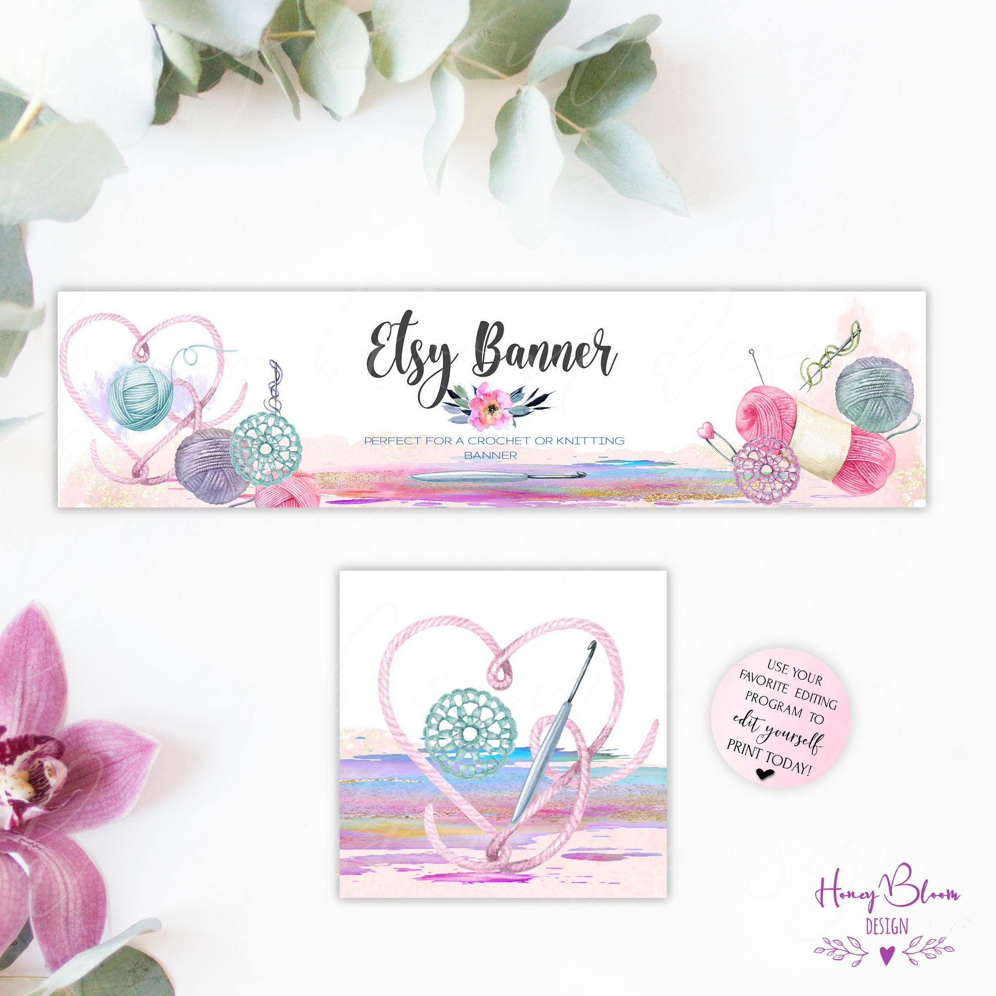 Crochet Etsy Banner Set Editable Creative Business Banner | Etsy