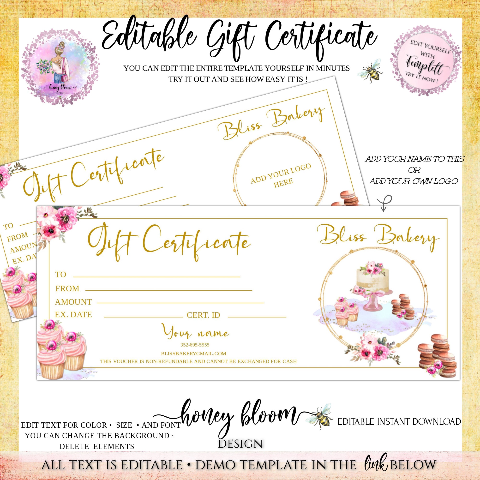 Cake Bakery Gift Voucher Add Your Logo to Voucher Gift - Etsy