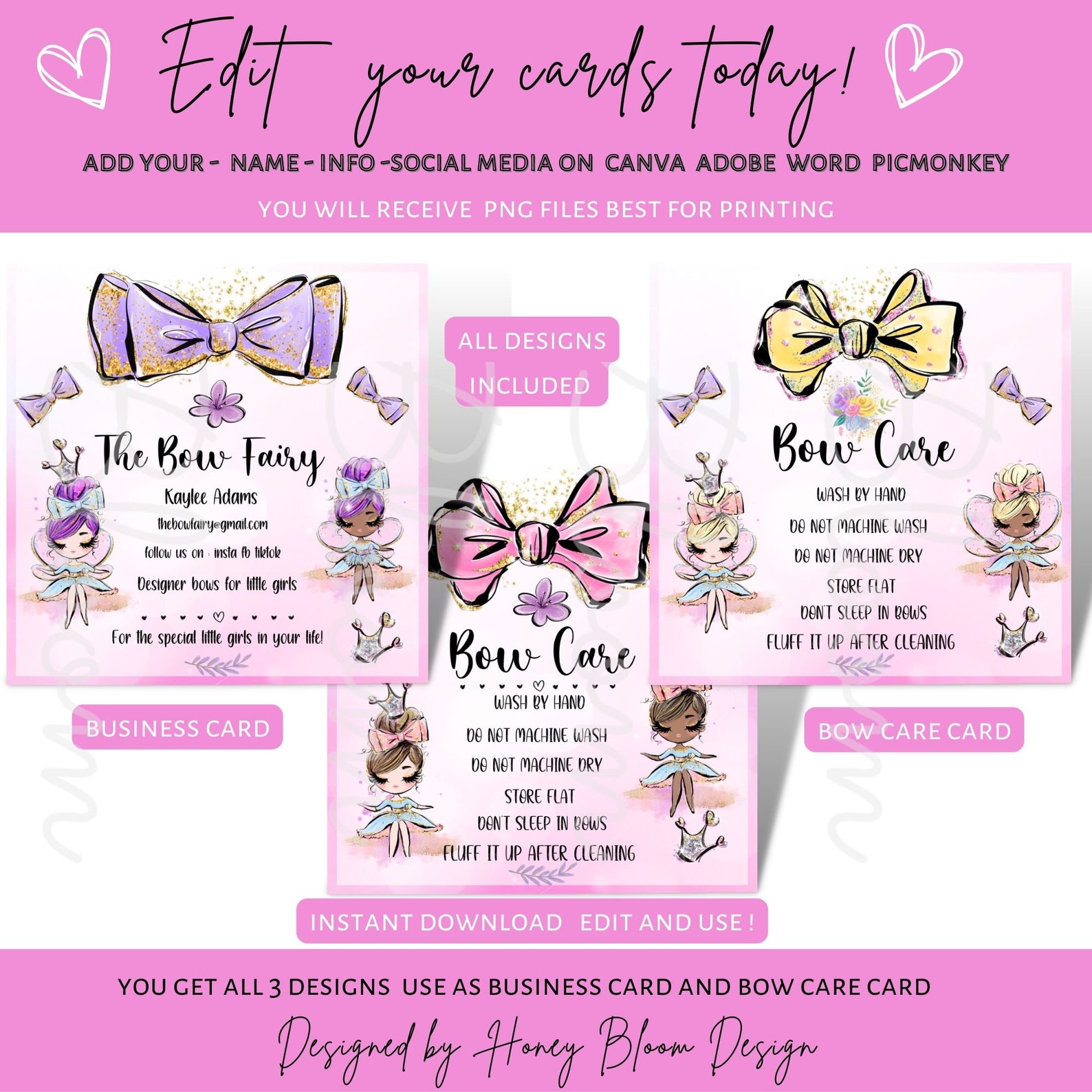 DIY Hair Bow Business Card, Bow Care Card, Bow Care Instruction Sticker, Handmade Bow Business ...